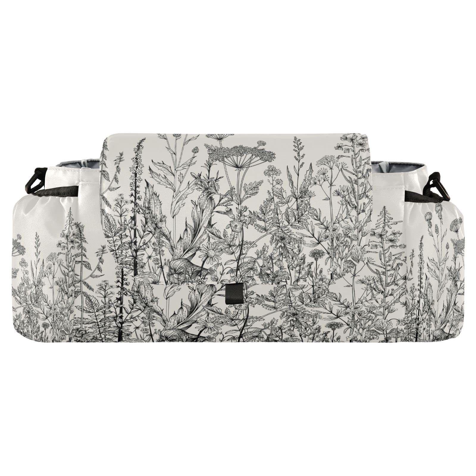 Kigai Herbs Wildflowers Baby Stroller Organizer with Cup Holders, Secure Hooks Accessories Adjustable Strap Stroller Bag for Bottle, Diaper, Phone, Toys, Baby Items