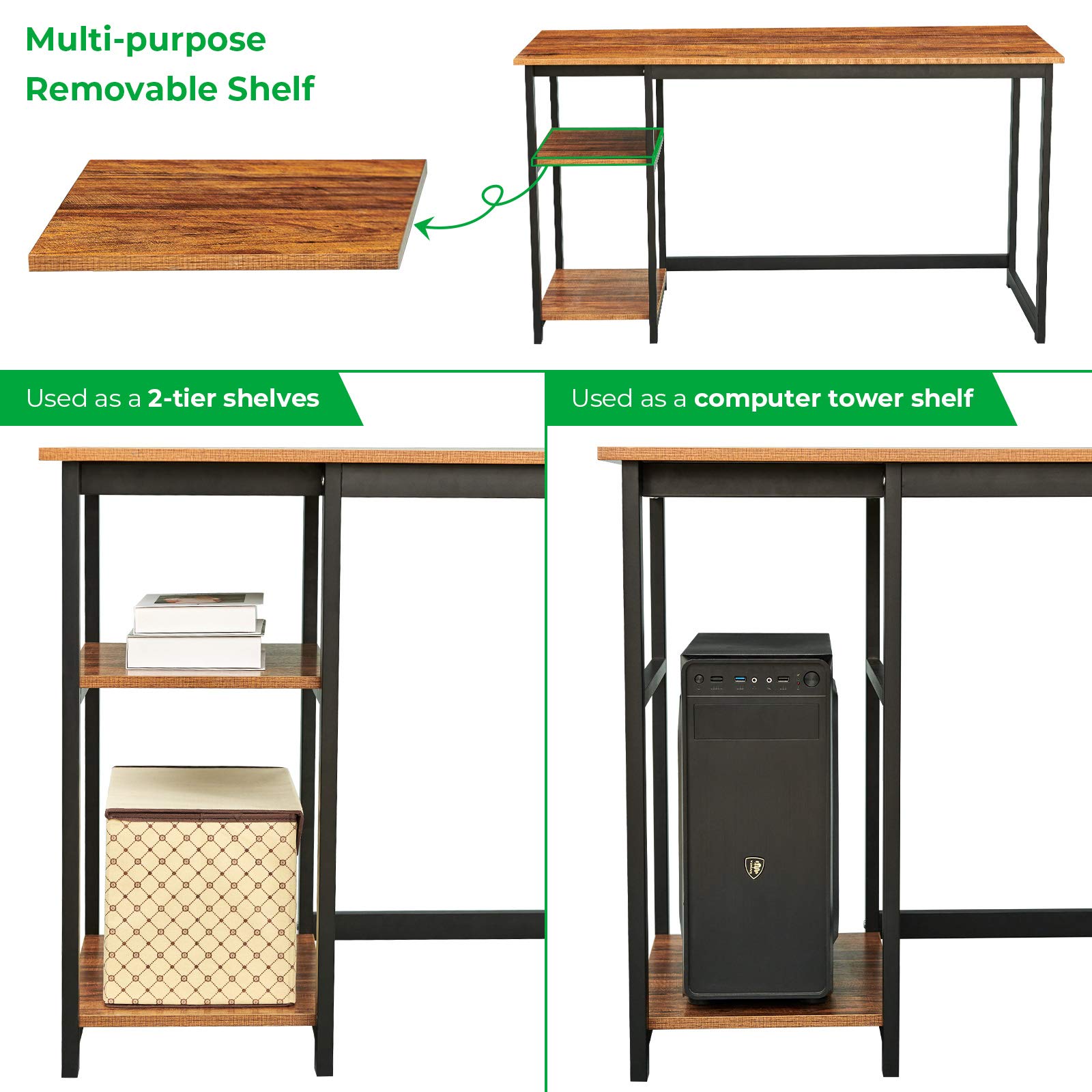 GreenForest Office Desk with 2-Tier Storage Shelves 47 inch Computer Desk Modern PC Laptop Workstation Study Working Writing Desk, Walnut