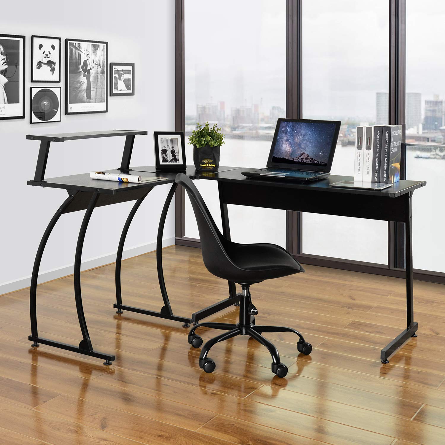 GreenForest L Shaped Corner Desk, 58.1β x 44.3β Computer Gaming Desk with Shelf PC Laptop Workstation for Home Office, Black