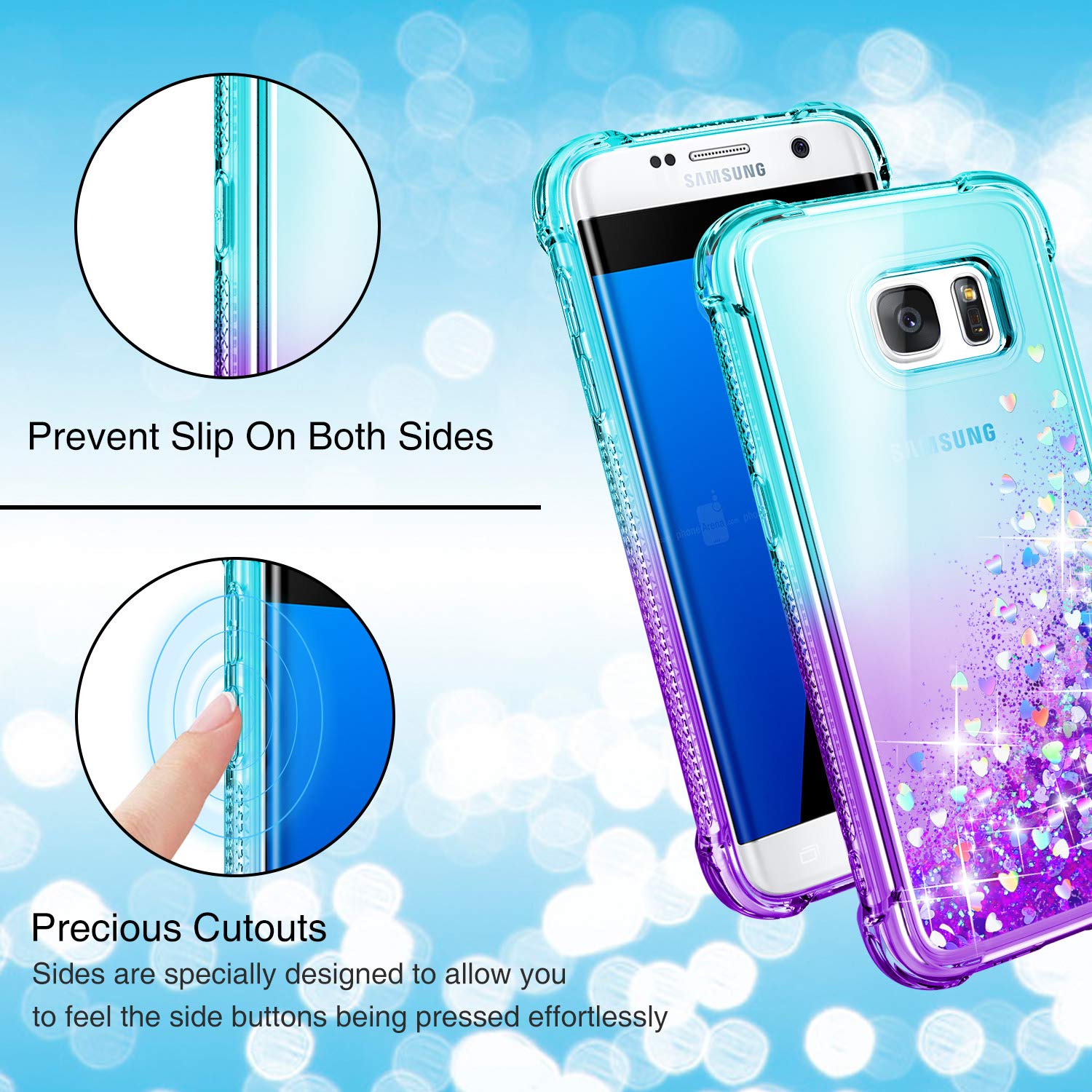 Gritup Samsung Galaxy S7 Edge Case, Samsung S7 Edge Case with HD Screen Protector, Girls Women Cute Gradient Liquid Glitter Bling Four-Corner Protective Soft TPU Case for Galaxy S7 Edge, Teal/Purple