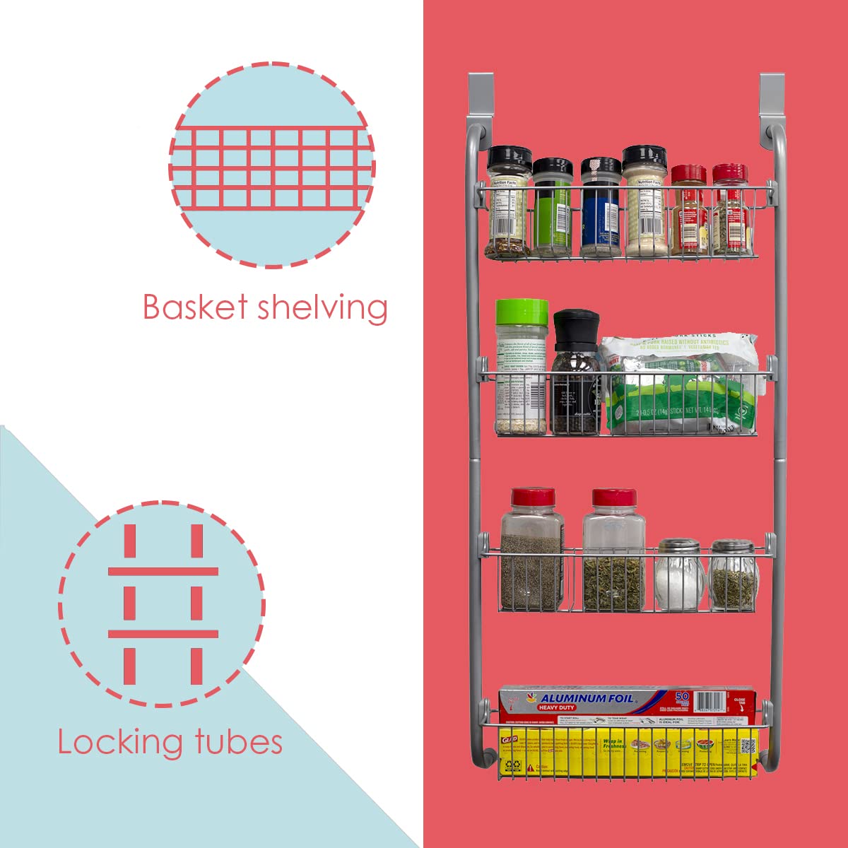 Home Basics Heavy Duty 4 Tier Over the Door Storage Shelf Hanging Cabinet Metal Pantry Rack Organizer Spice Space, Grey