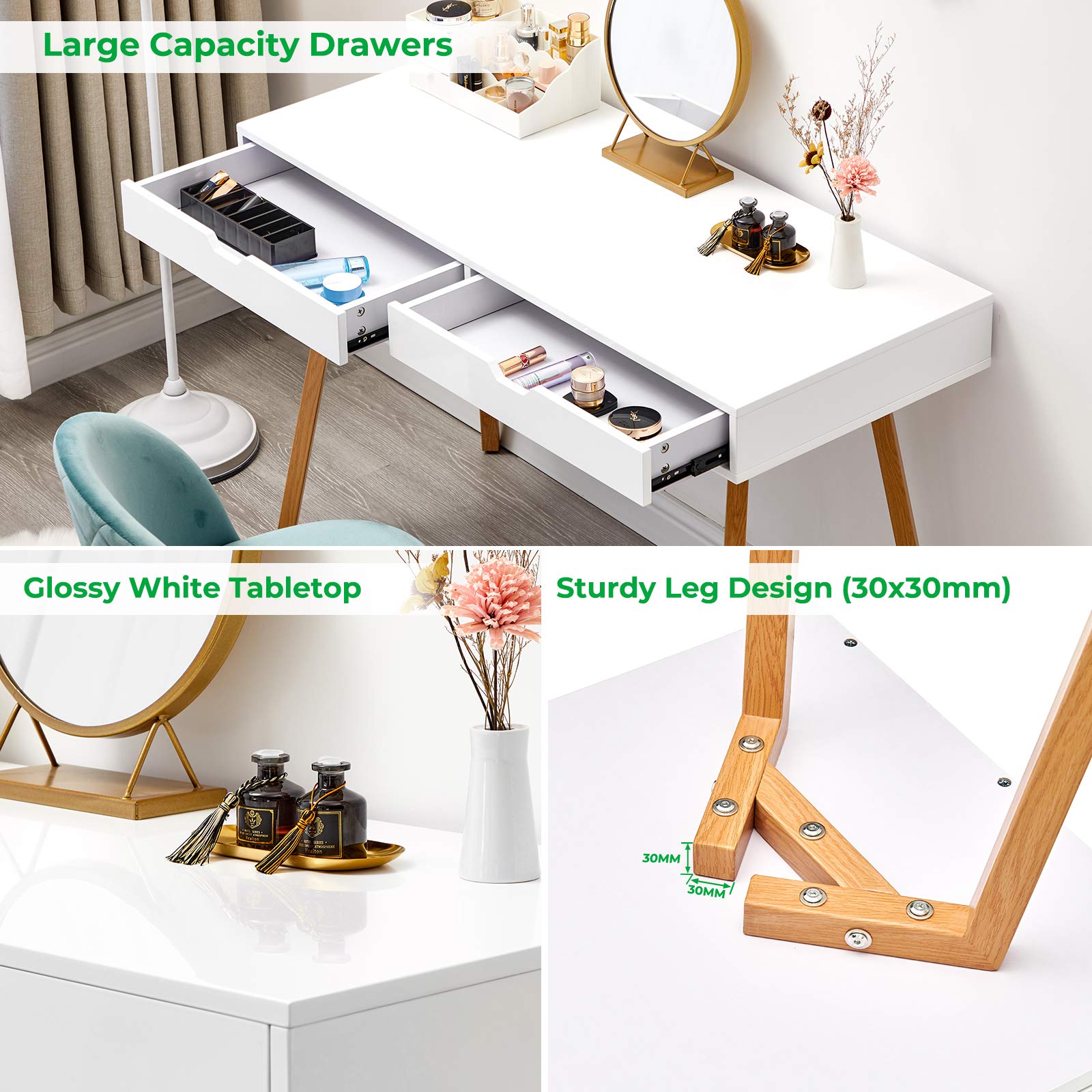 GreenForest Vanity Desk 39 inch Computer Writing Desk with Glossy White Tabletop and 2 Drawers Modern Bedroom Makeup Table Home Office Desk