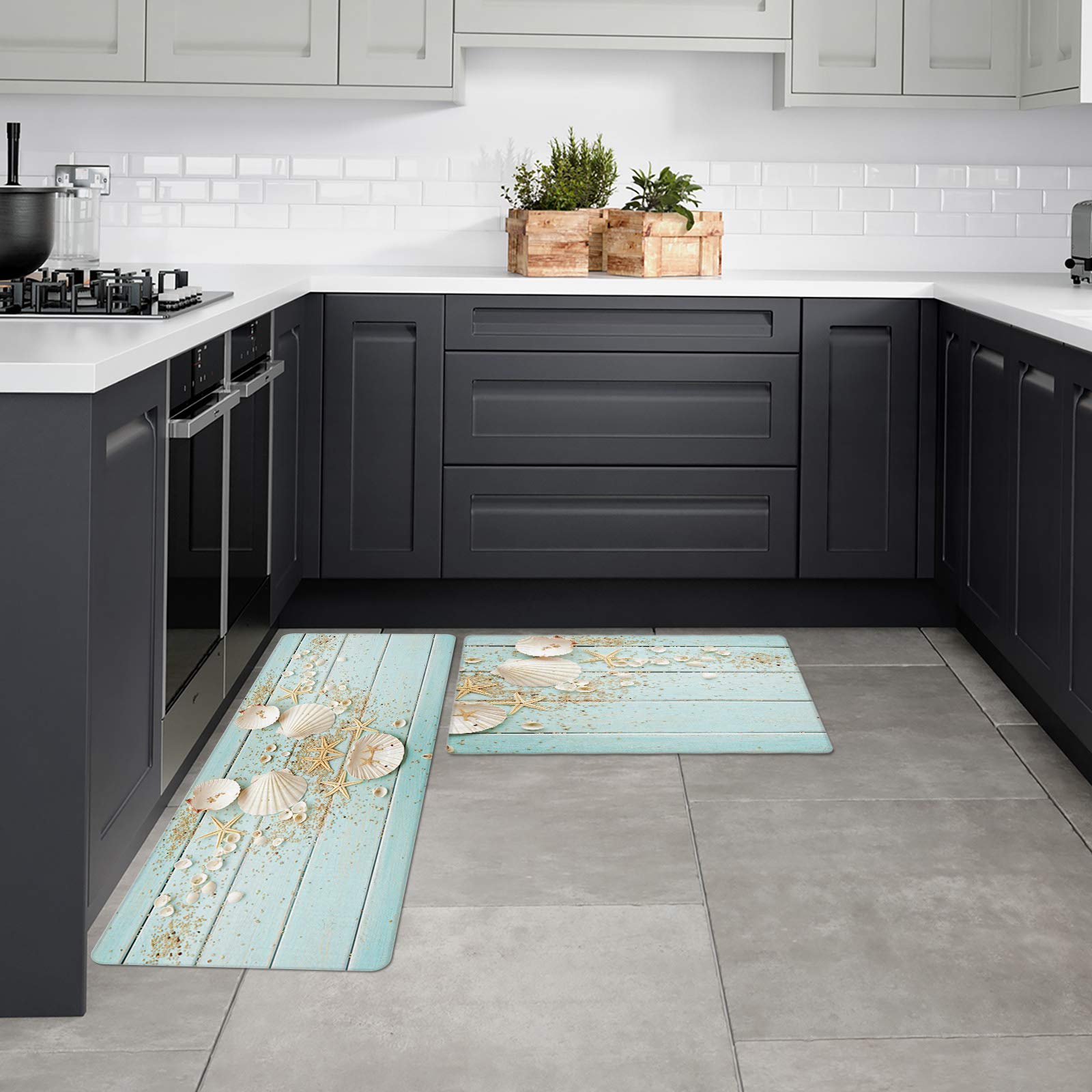 Kitchen Rug Set 2 Pieces Beach Cushioned Kitchen Floor Mats Comfort Soft Standing Doormat, Non Slip Rugs and Runner Coastal Seashell Starfish Blue Wood Board