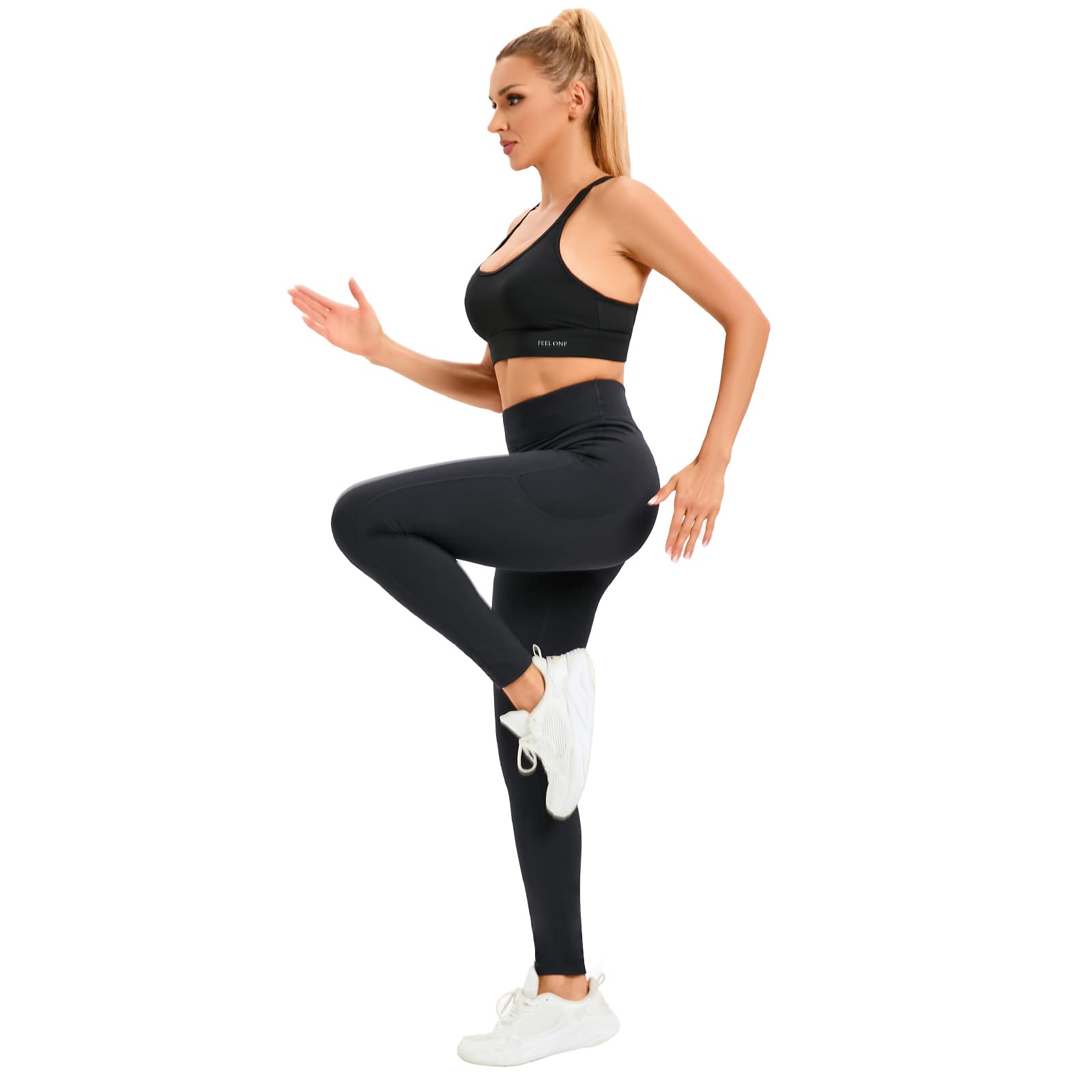 jorkolala Woman‘s Yoga Pants with Pockets Tummy Control, 4 Ways Stretch Workout Running Yoga Leggings Black
