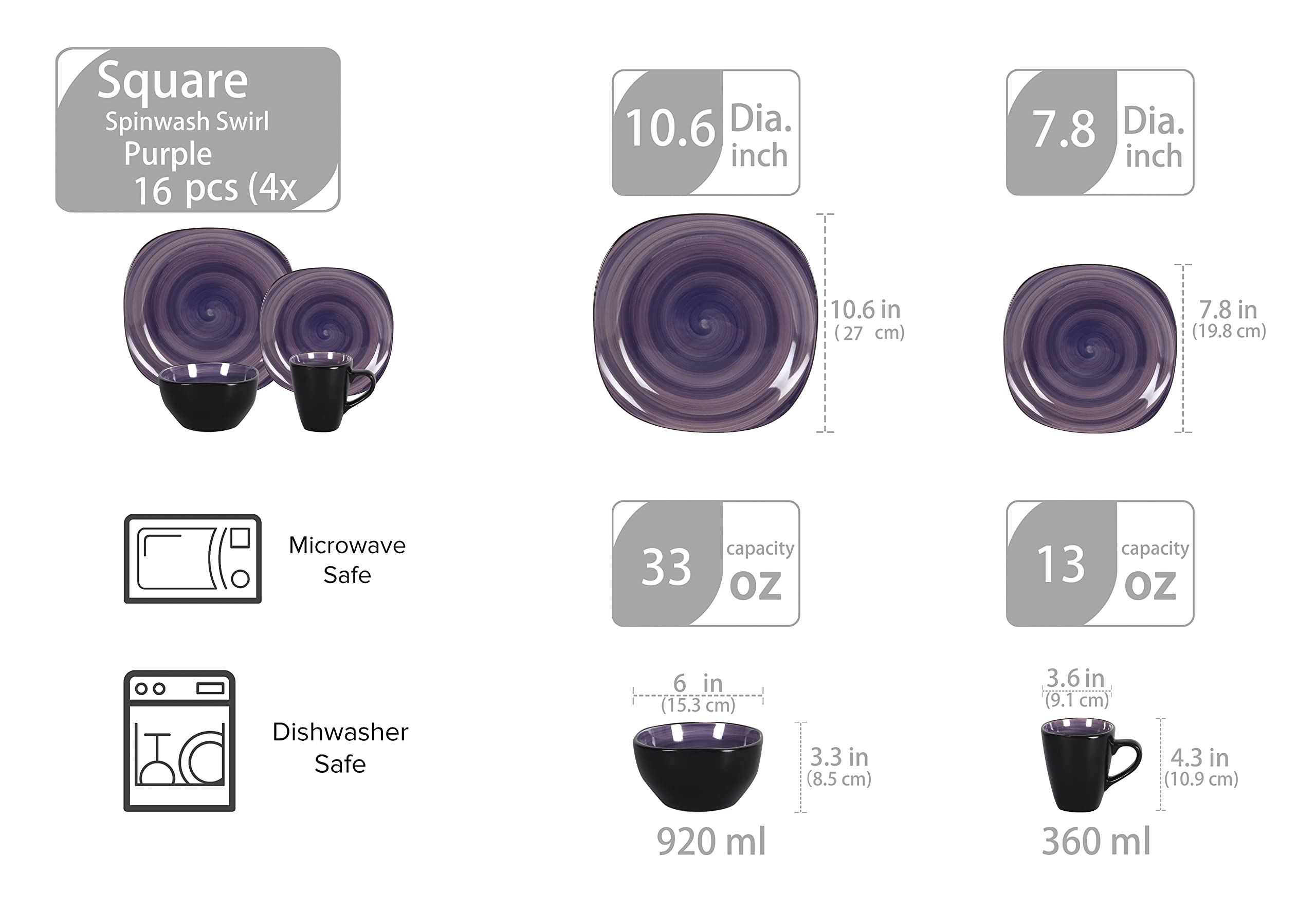 HomeVss, Stoneware Square 16pc Dinnerware Set, Inside Spinwash Swirl Purple + Outside Black