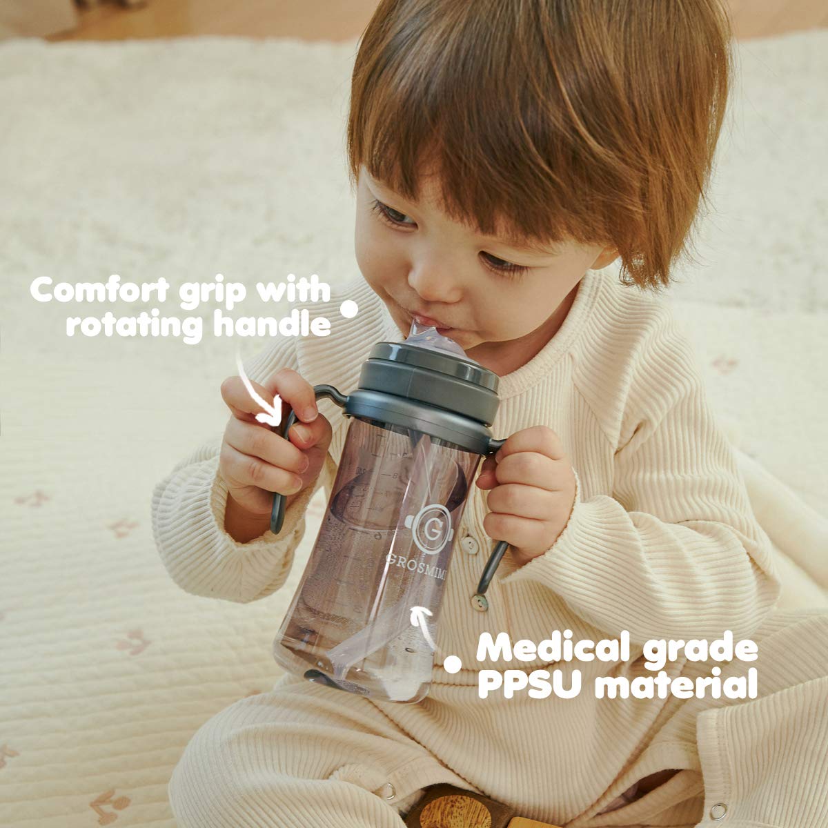 GROSMIMI Spill Proof no Spill Magic Sippy Cup with Straw with Handle for Baby and Toddlers, Customizable, PPSU, BPA Free 10 oz (Charcoal)
