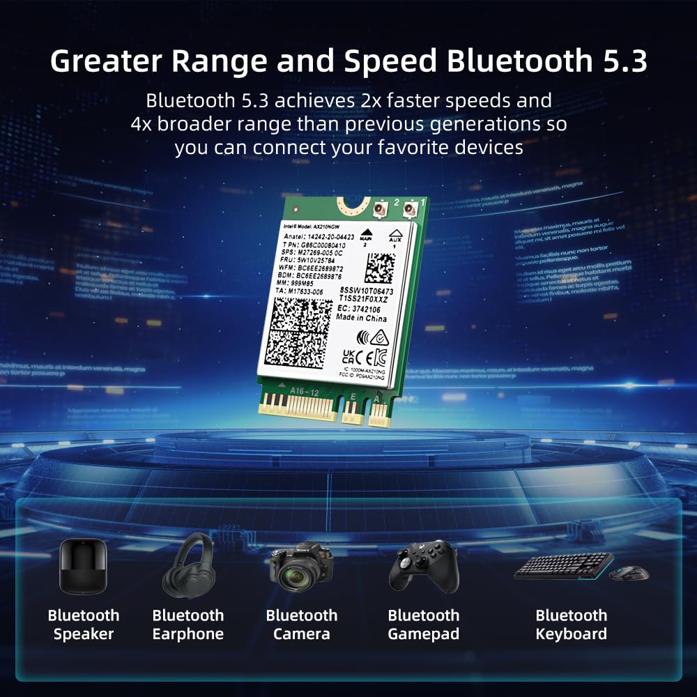 M.2 WiFi Intel AX210 NGW Card with Bluetooth 5.3, WiFi 6E 2X2 MU-MIMO 5400Mbps Wireless Network Module, MIMO WiFi Card 802.11AX with Wpa3 Security Tri-Band for Laptop Windows10/11 64bit
