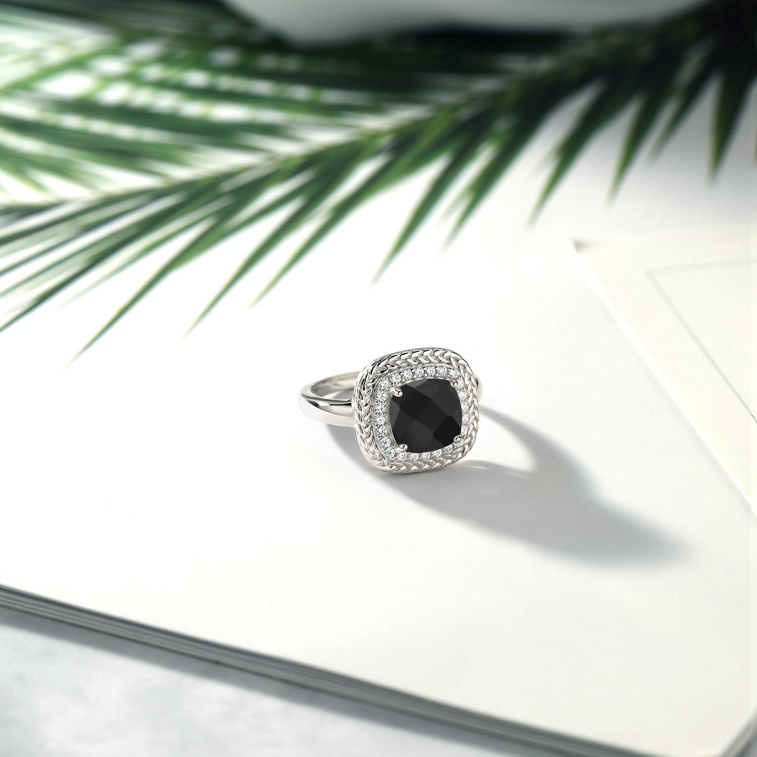 Gem Stone King 925 Sterling Silver Black Onyx Engagement Ring For Women (2.11 Cttw, Cushion Checkerboard Cut 8MM, Gemstone Birthstone, Available in Size 5,6,7,8,9)