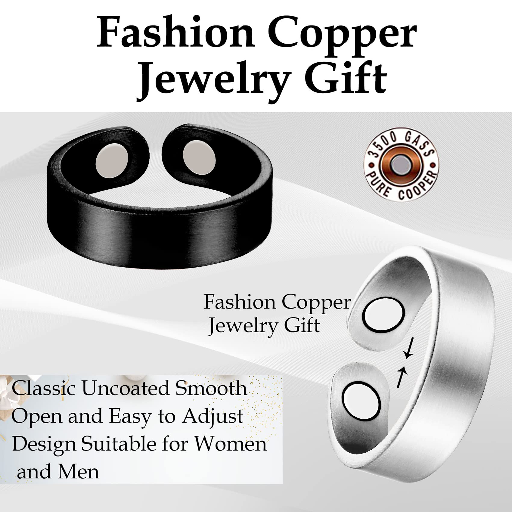 Jecanori 2PCS Copper Rings for Women Men,Magnetic Copper Ring,Christmas Jewelry Gift with Ring Box,Ring(Uncoated Sleek)