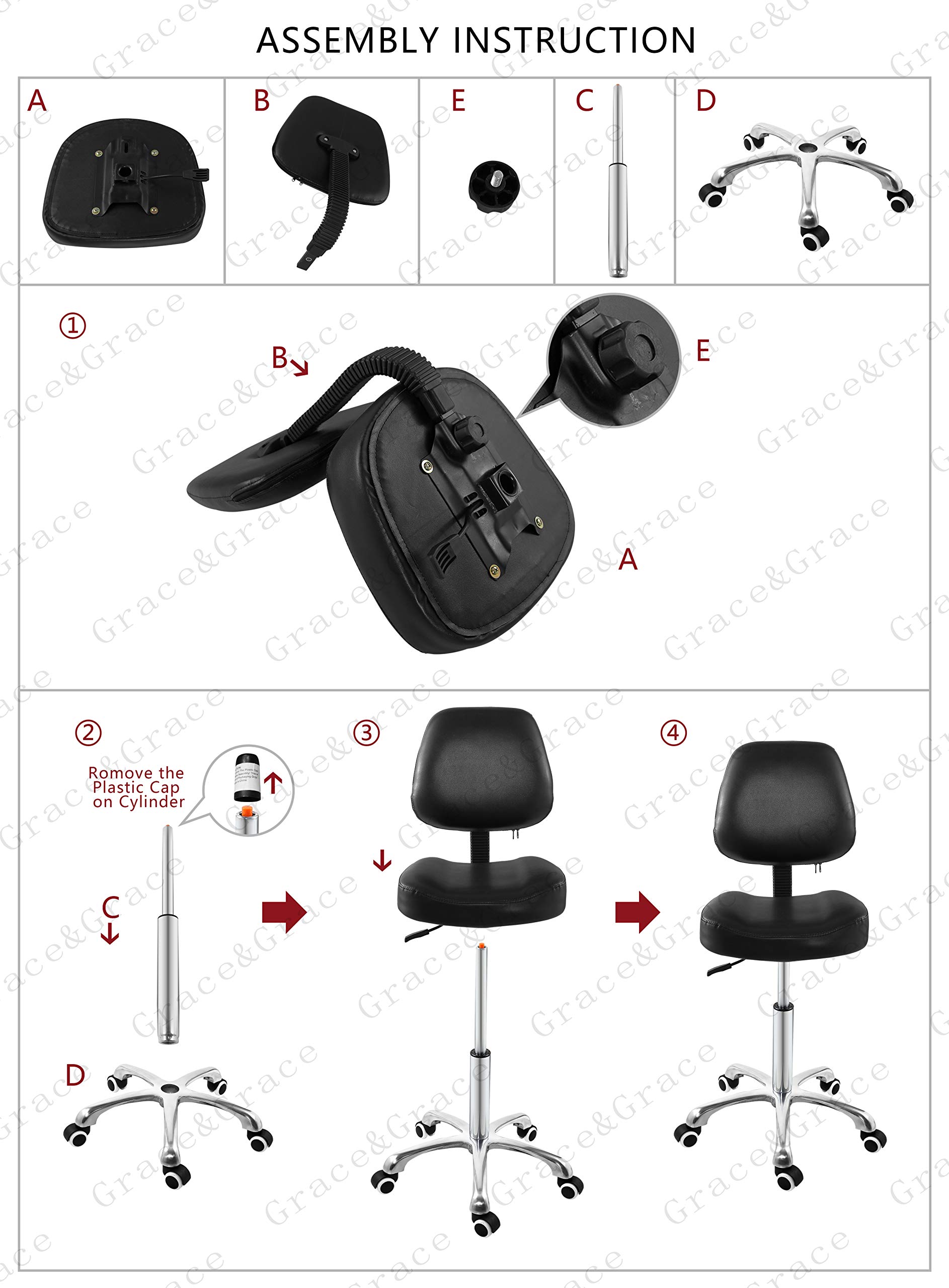 Grace&Grace Rolling Shop Stool Chair with Back Support for Drafting,Work,Studio,Workshop,Office,Rolling Vanity Chair with Wheels (Black, Without Foot Rest)