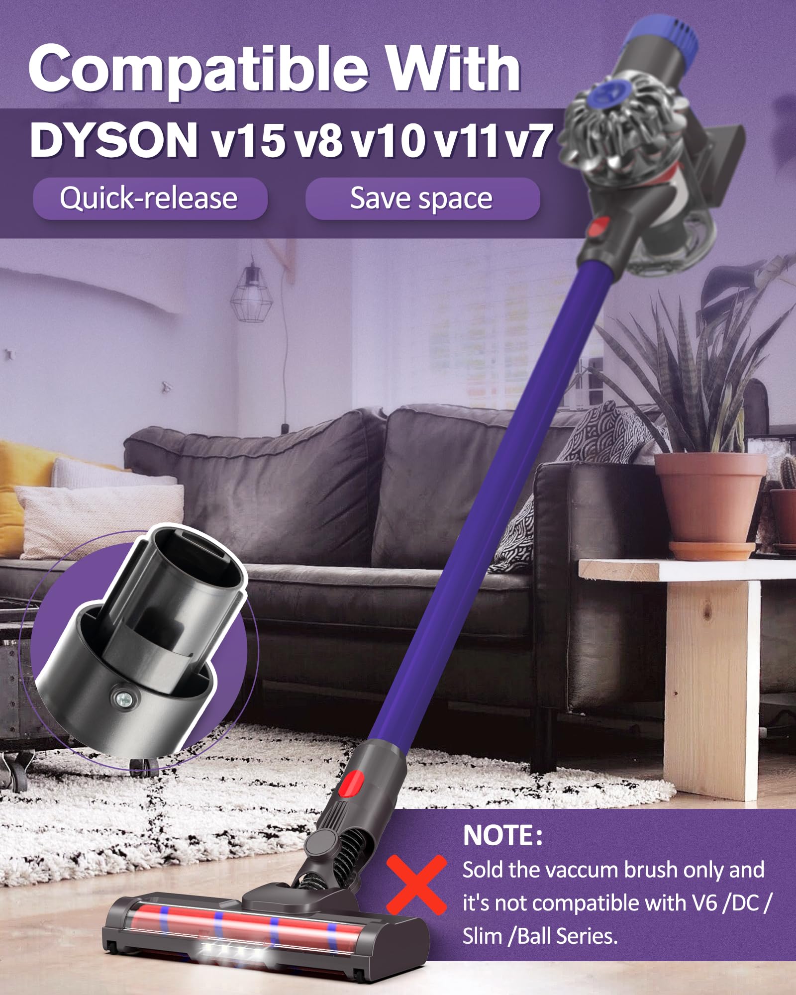 Haoyijor Vacuum Attachments Motorhead for Dyson V15 V8 V7 V10 V11, Hardwood Floor Attachment for Dyson, Soft Roller Brush Head Replacement with LED Light