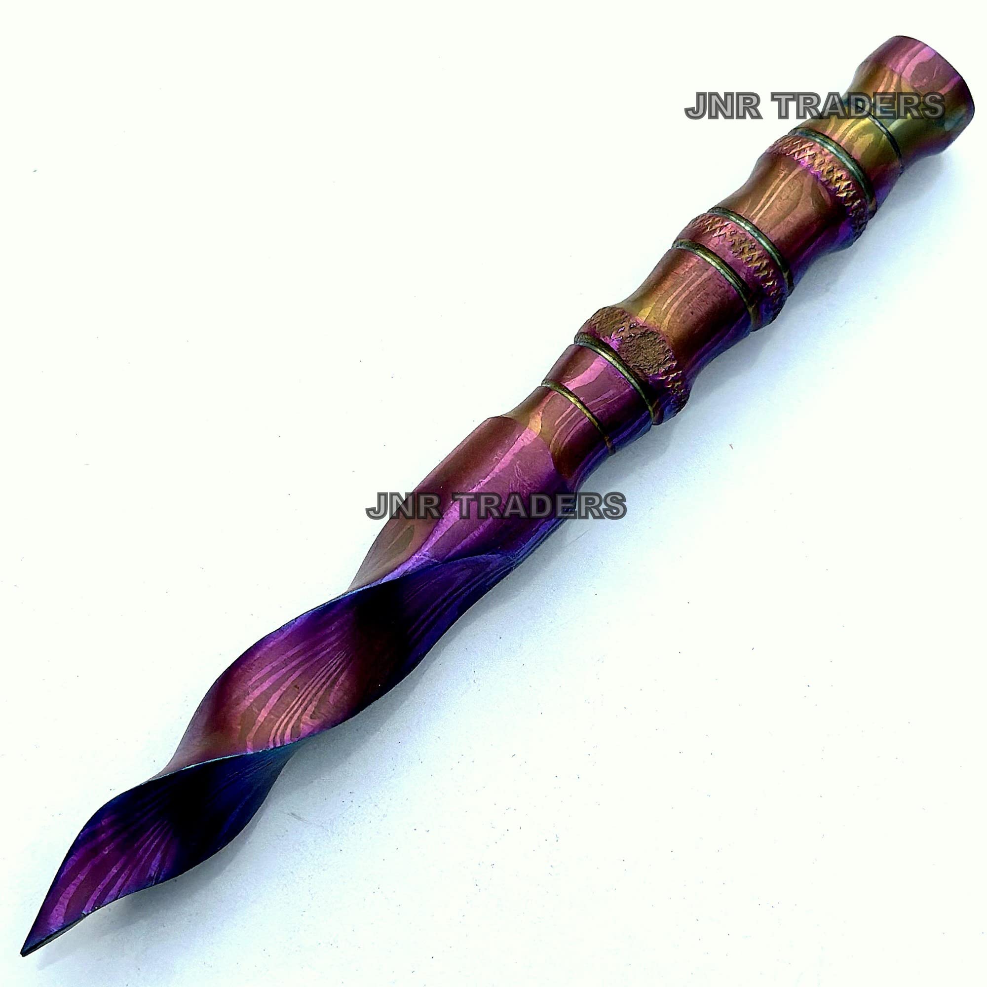 JNR Traders Handmade Full Tang Tri Edge Knife Damascus Steel Cyclone Knife 6 Inch Twist Blade Spiraling Knife with Leather Sheath 3743