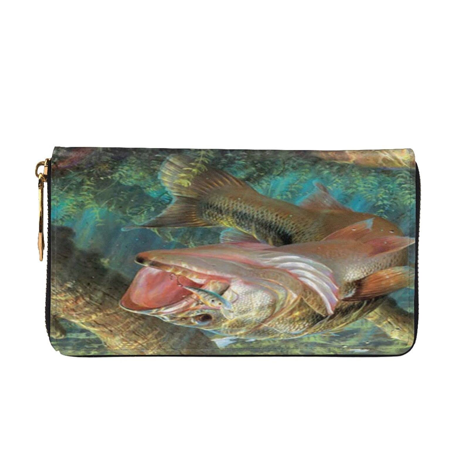 Long Handbag Purse Wristlet Bag Card Holder Wallet-Bass Fish Jumping Hook Leather Wallet for Women Men