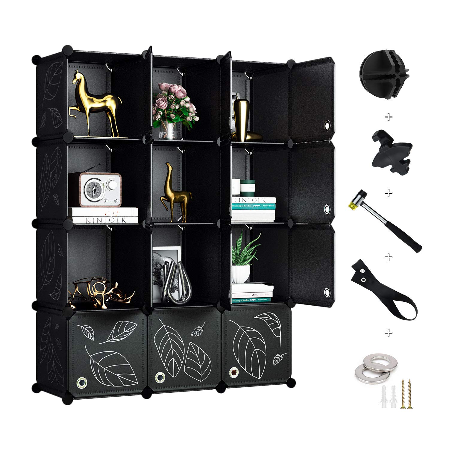 GREENSTELL Cube Storage Organizer, Plastic Closet Organizer with Doors, 12-Cube DIY Storage Cubes Organizer, Modular Storage Cabinet Book Shelf Shelving for Bedroom, Living Room, Office Black