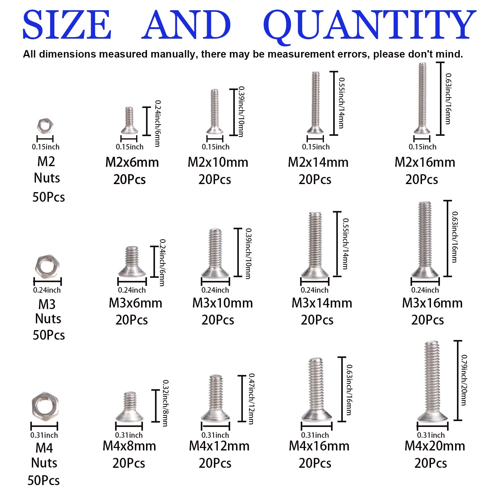 M2 M3 M4 Flat Head Hex Socket Cap Screws Bolts 390Pcs Countersunk Head Allen Hex Drive Machine Screws 304 Stainless Steel Nuts and Bolts Assortment Kit, Fully Threaded