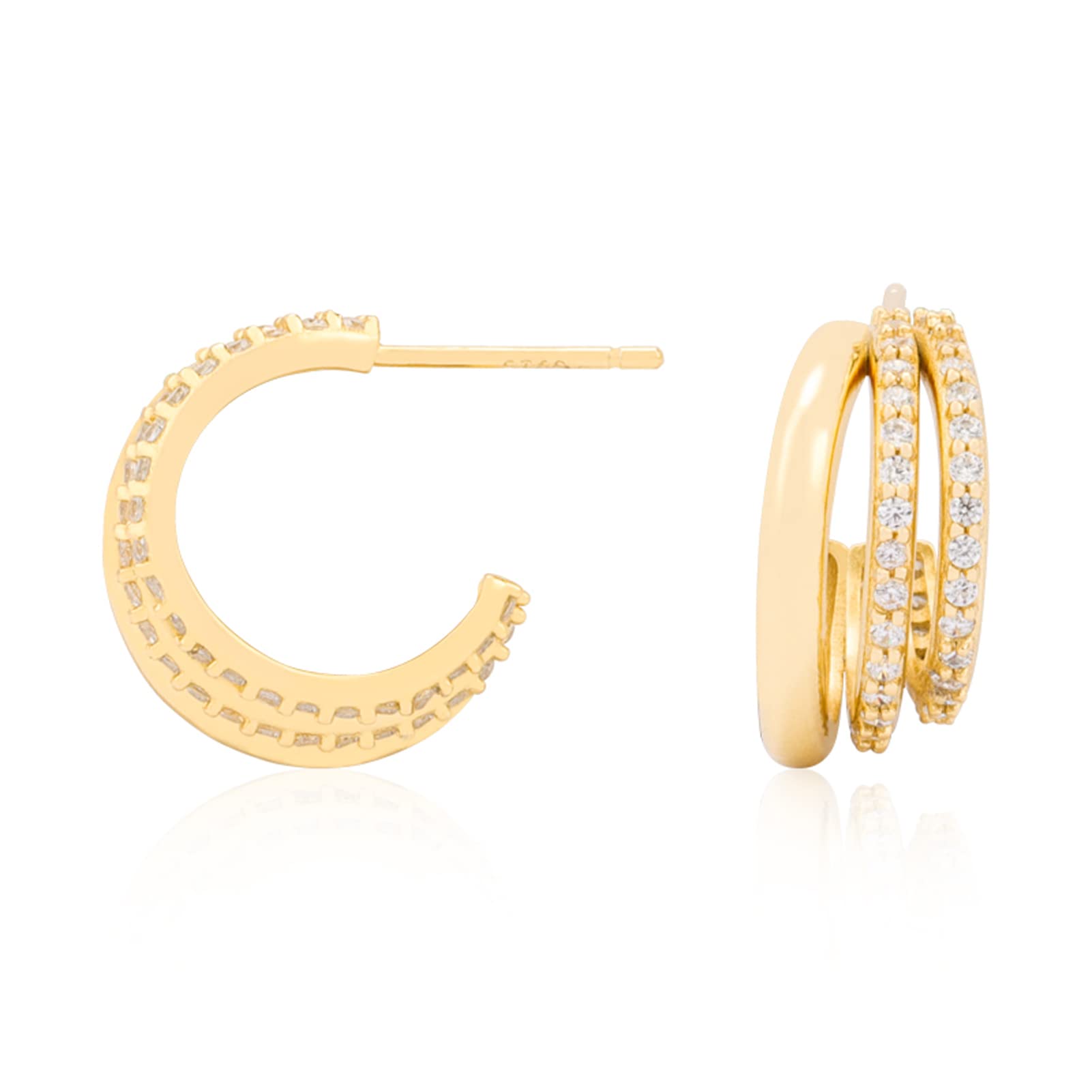 Joacii Gold Plated Cubic Zircon C-Hoop Earrings Lightweight Split Treble Hoop Huggie Stud Earrings for Women