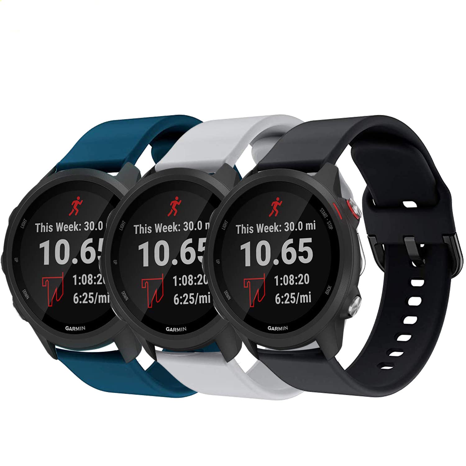 GOSETH Compatible with Garmin Forerunner 245/Vivomove Sport (Venu 2 Plus 43mm) 20mm Band, Silicone Wrist Strap Replacement Accessories Band for Forerunner 245 Music (Dark Blue+Gray+Black)