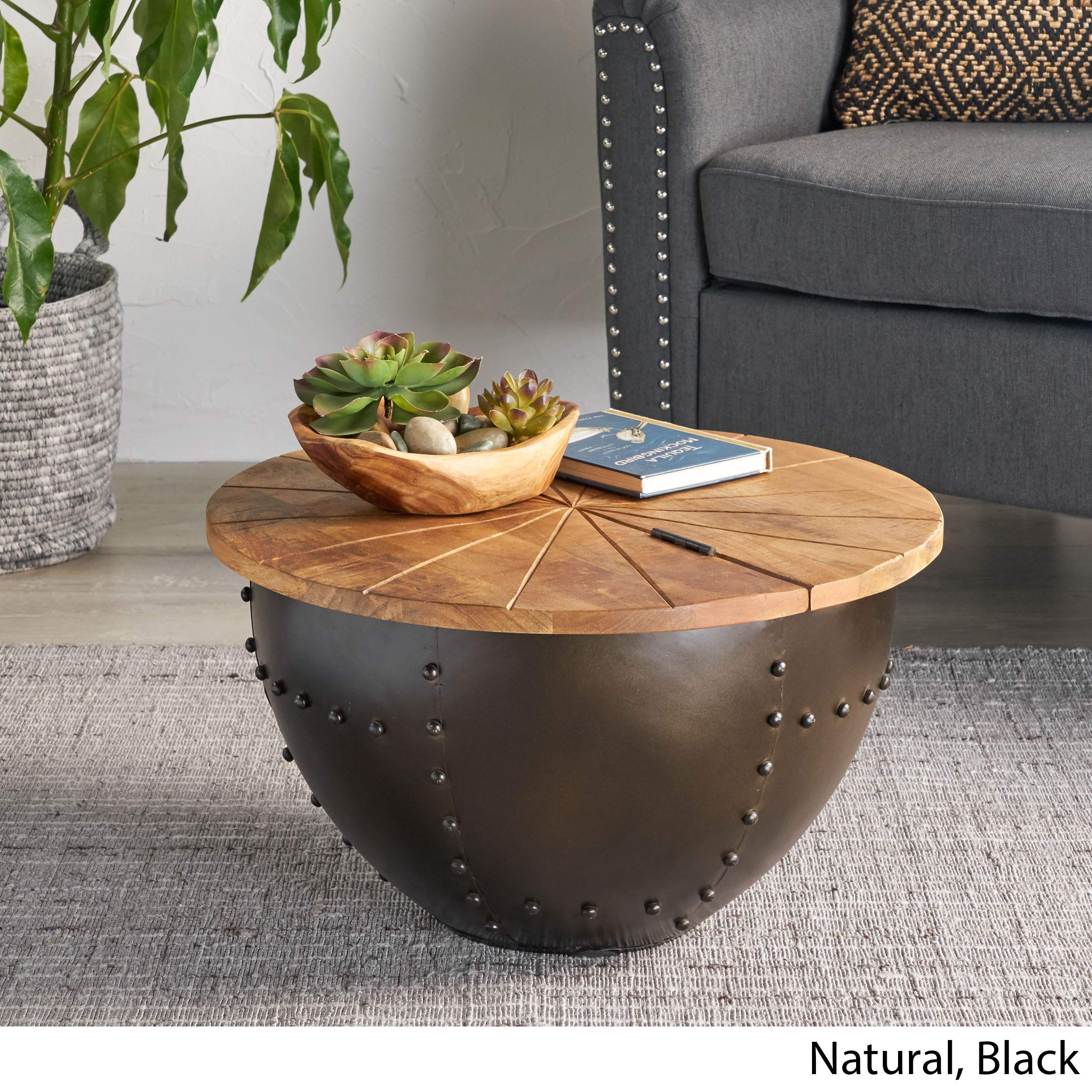 Handcrafted Modern Industrial Mango Wood and Iron Coffee Table, Natural and Black