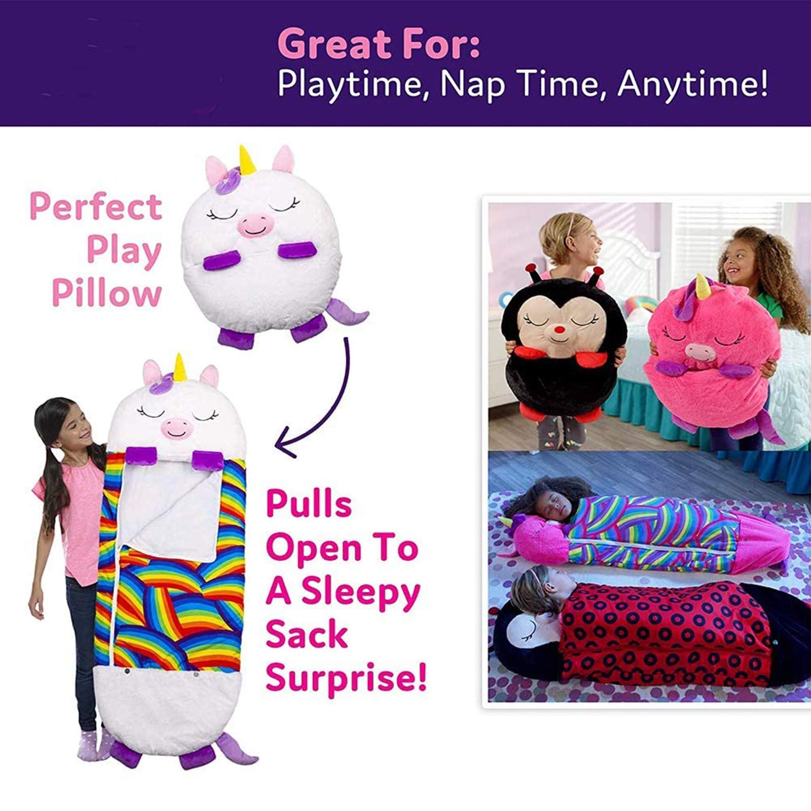 Happy Nаppеrs Sleeping Bag - Multicolor Available Cute Animal Sleeping Bag with Pillow for Kids Boys Girls - Portable & Foldable Soft Warm Sleepy Sack, Fun Comfy Blanket -Medium 55”x20” (Pink 1)