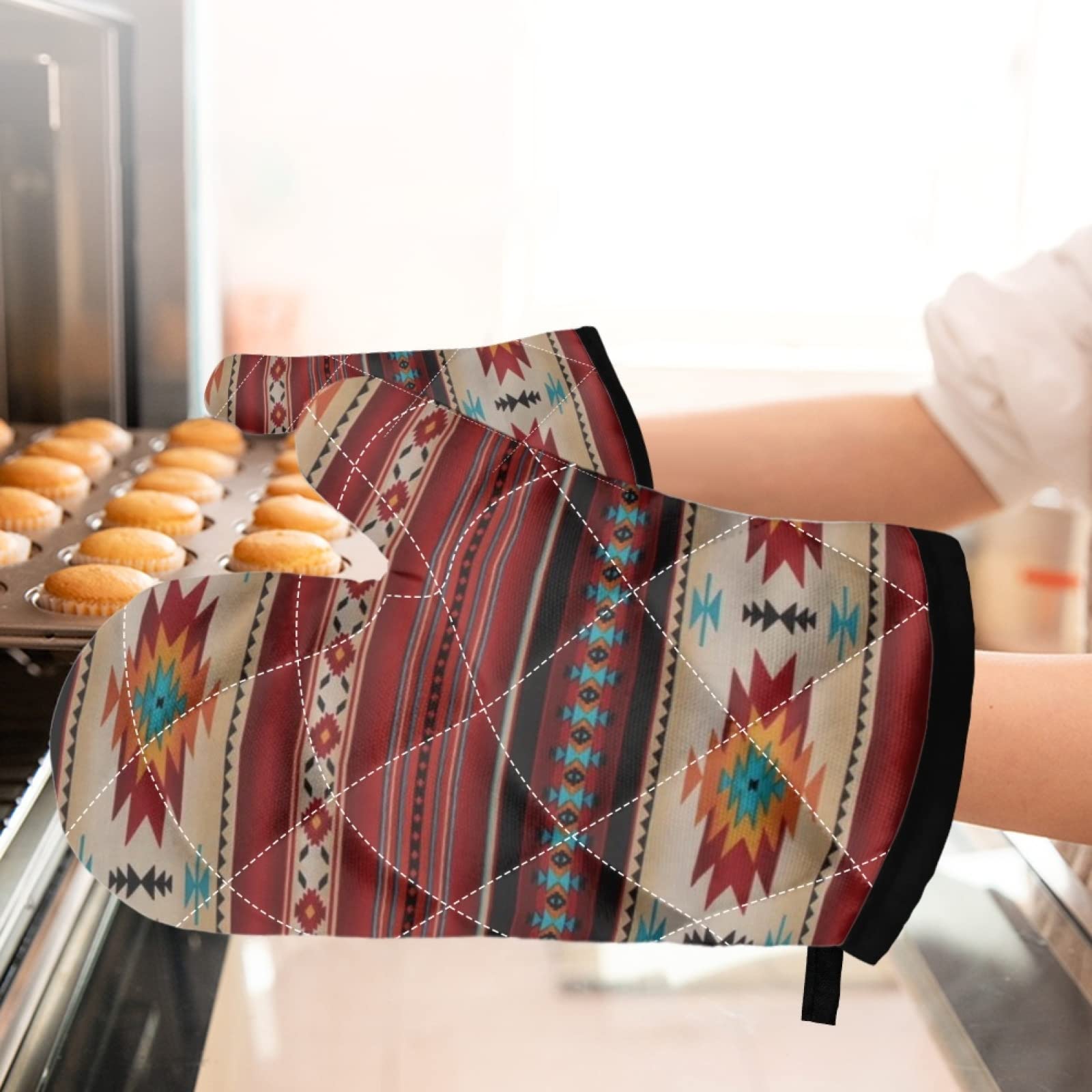 JOAIFO Southwest Nativa Oven Mitts and Pot Holders Sets, Tribal Aztec Pattern Heat Resistant & Non-Slip Oven Mitts with Potholder Fashion Kitchen Cotton Cooking BBQ Gloves