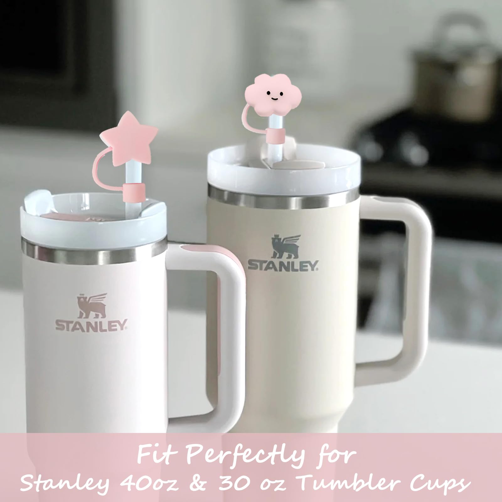 GAISHION 8Pcs Straw Covers Cap Toppers Tips Compatible with Stanley 40/30 oz Tumbler Cups,Reusable Cute Silicone Straw Lids Protectors for 0.4 in/10mm Stanley Cups Straws Accessories(8PCS)