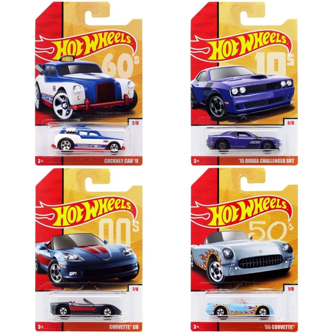 Hot Wheels Exclusive Throwback Series Bundle with 4 Diecast Vehicles with 55 Corvette and More