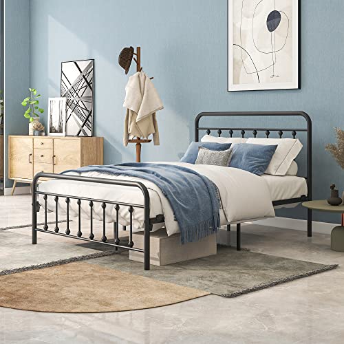 GJHOME Full Size Classic Metal Platform Bed Frame Mattress Foundation with Victorian Style Iron-Art Headboard/Footboard/Under Bed Storage/No Box Spring Needed/Black