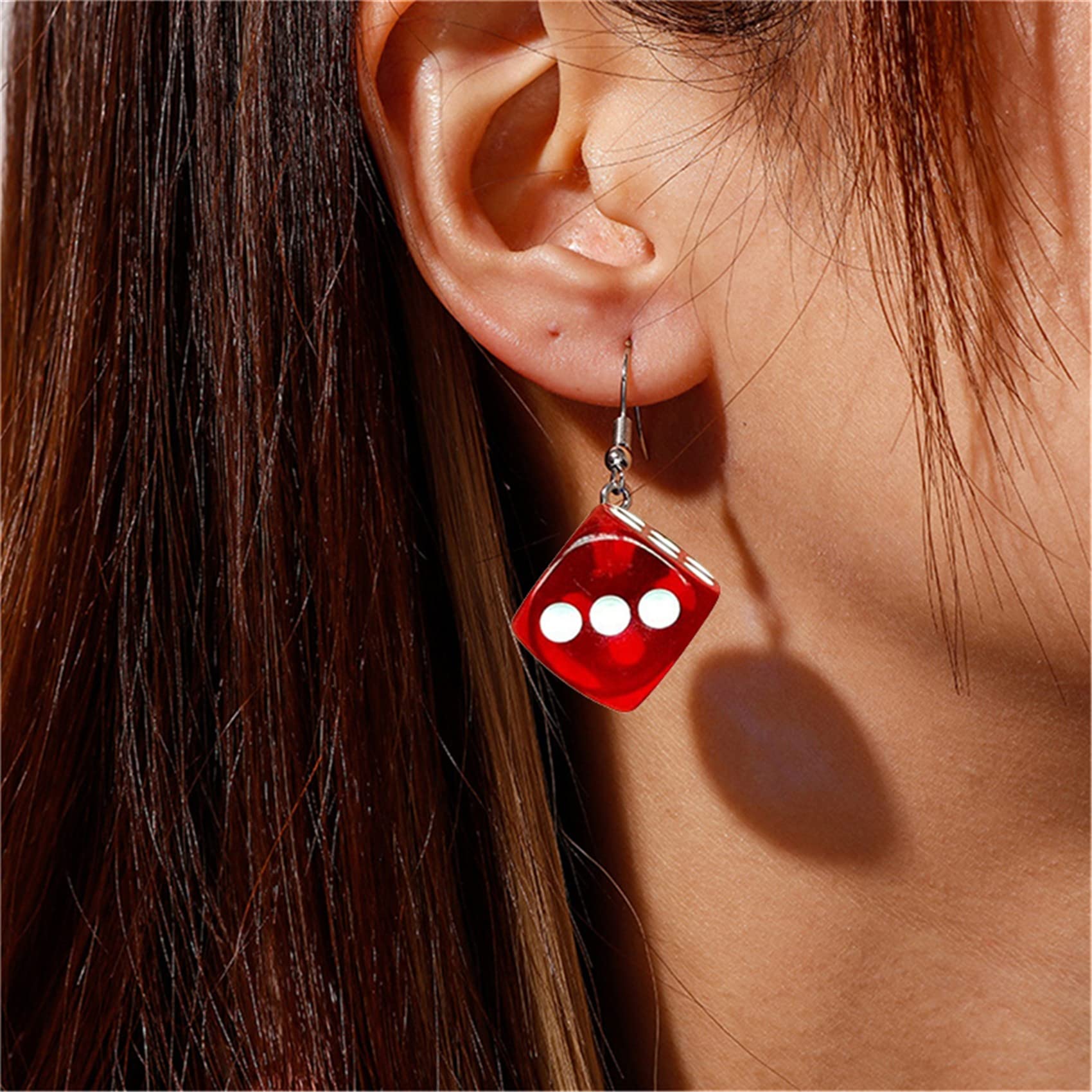 Iumer Women Dice Earrings Disco Dancing Earrings Punk Funny Geometric 3D Dice Drop Dangle Earrings Party Jewelry (Red, 1 Pair), 1 pair
