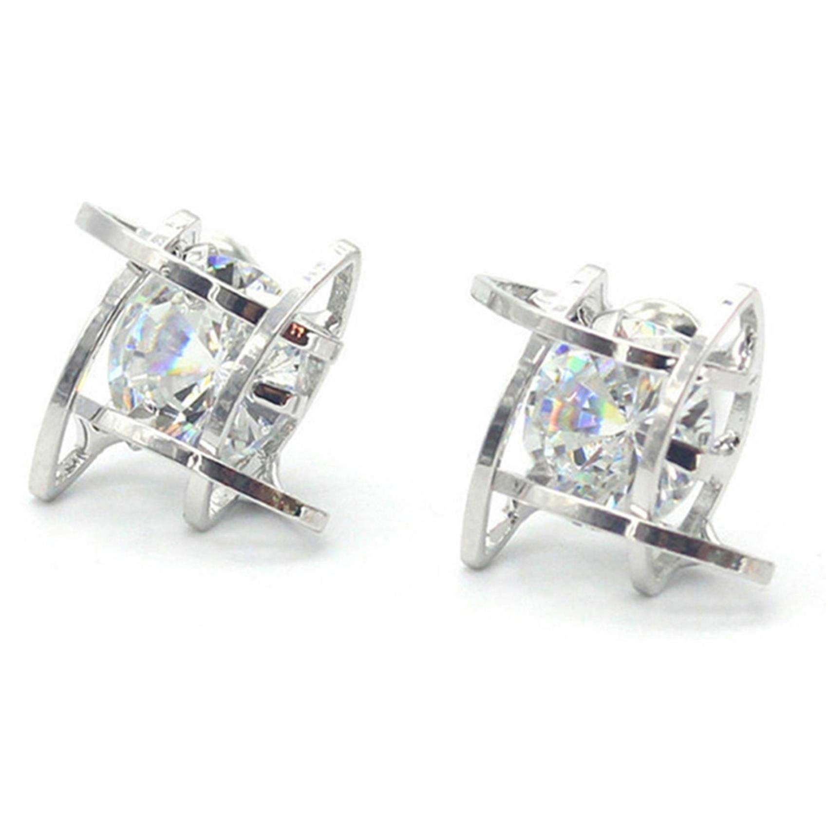 Guoshang Women Geometric Cube Crystal Earrings Rhinestone Ear Studs Gold Silver 2 Colors,Silver,1 Pair