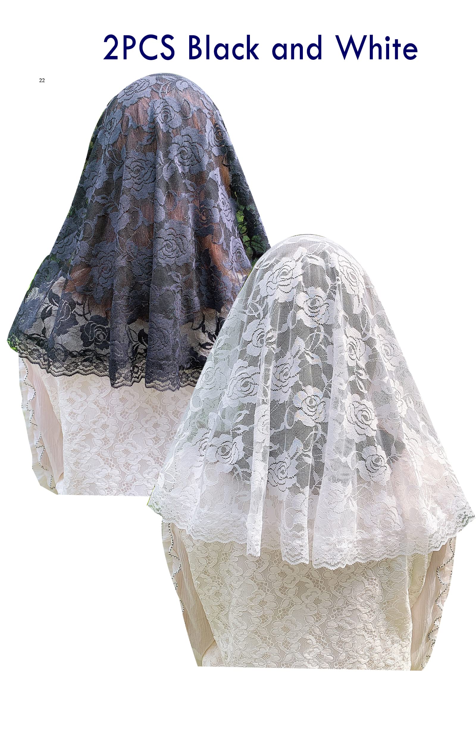 Grettytling womens Mantilla Church Veil For Catholic Woman Chapel Head Covering Mass D Shape Scarf, 2pcs Black&white, Medium