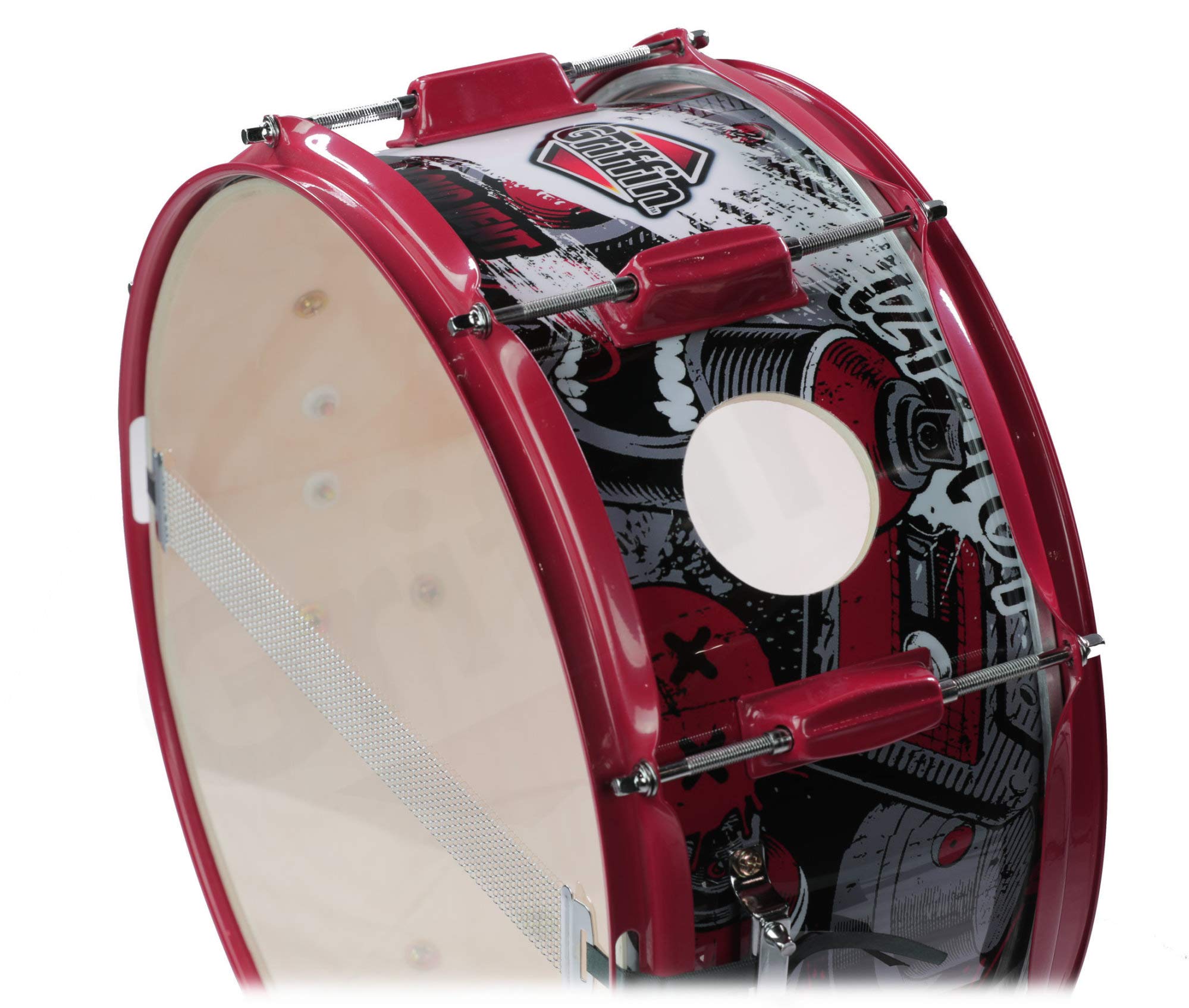 GRIFFIN Snare Drum Birch Wood Shell 14 X 6.5 Inch | Oversize 2.5" Large Vents & Custom Graphic Wrap (Limited Edition) | Red Hardware & Marching Drummers Key for Students & Pros | 8 Metal Tuning Lugs