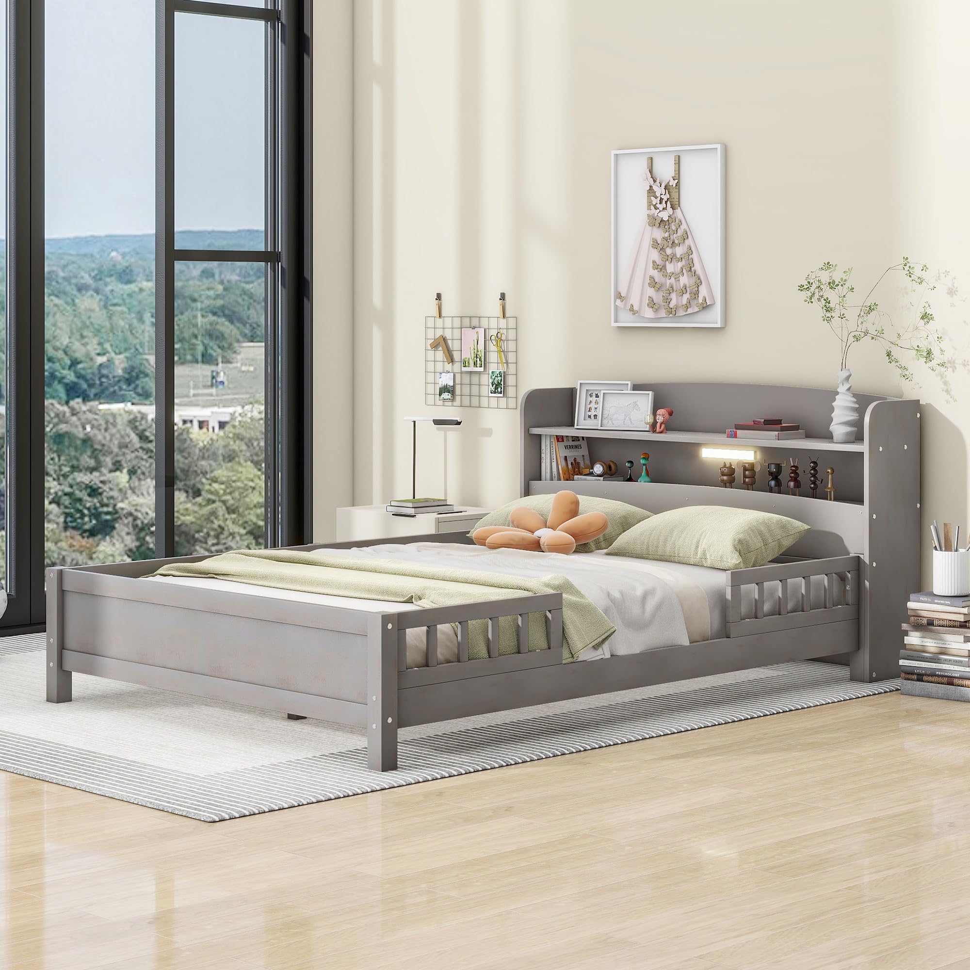 GJHOME Full Size Platform Bed with Built-in LED Light, Storage Headboard and Guardrail, Antique Grey for Kids and Adult Bedroom