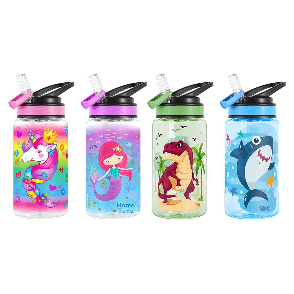 Home Tune Cute Water Bottle for Kids Girls Boys, BPA Free & Sturdy Print & Leak Proof Flip Straw & Carry Loop & Easy Clean, 15oz - Dinosaur