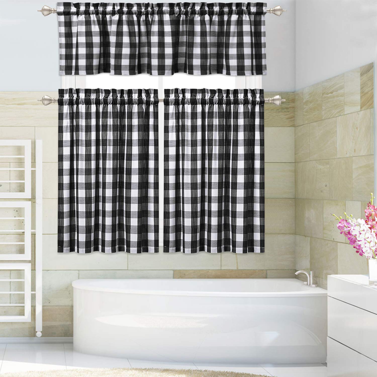 Haperlare Cafe Curtains 36 Inch, Gingham Plaid Rod Pocket Bathroom Window Curtains, Buffalo Check Chic Yarn Dyed Kitchen Window Curtain Sets for Bathroom, 28" x 36", Sage/White, Set of 2
