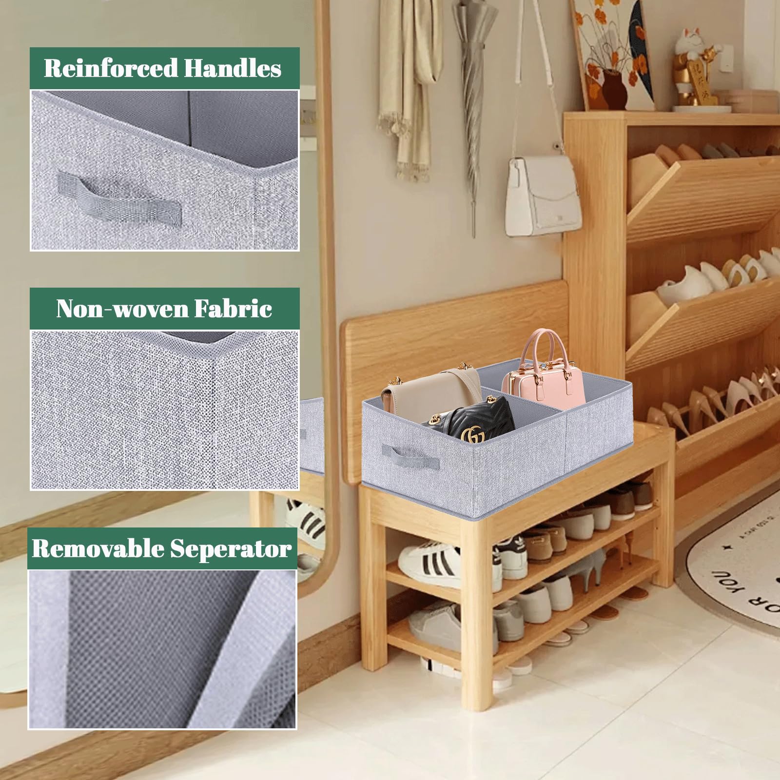 Yowmina Closet Storage Bins, Foldable Trapezoid Storage Bins, Closet Storage Baskets with Handle, Closet Shelf Organizer for Clothes, Toys, Towel, Books, Gray, 3 Pack