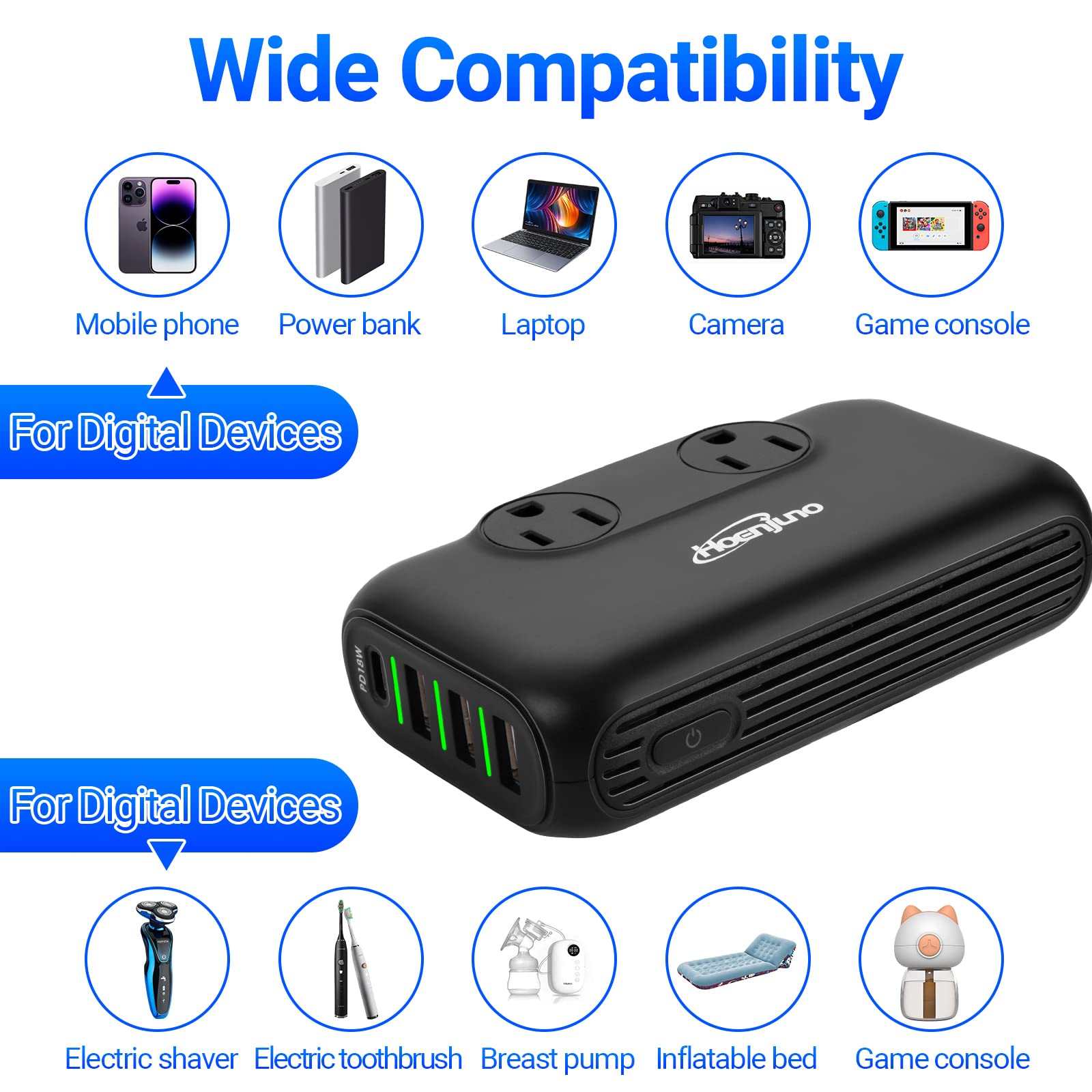 Hoenjuno 200W Car Power Inverter DC 12V to 110V AC Loptop Car Charger, 3 USB Ports Car Adapter Outlet Plug with 1 Type C Ports Black