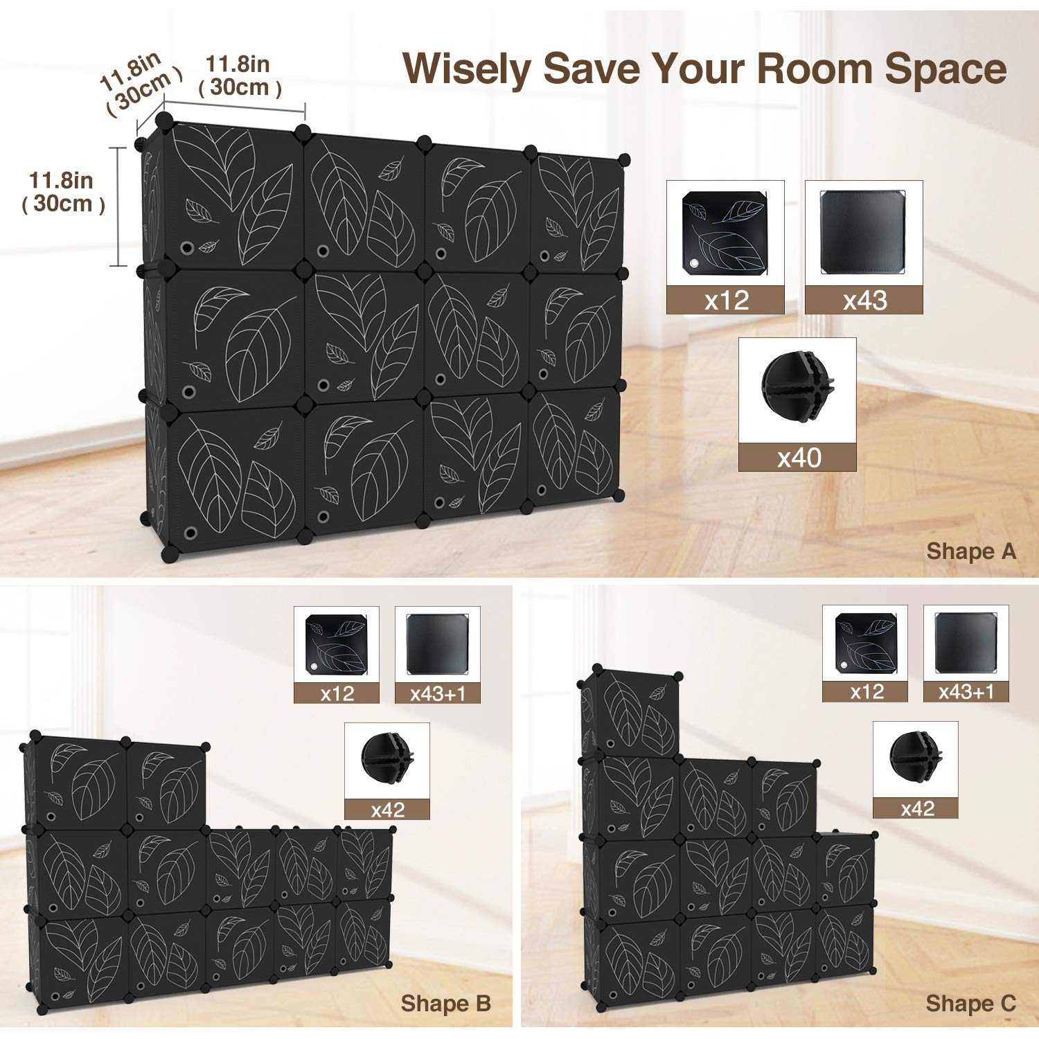 GREENSTELL Cube Storage Organizer, Plastic Closet Organizer with Doors, 12-Cube DIY Storage Cubes Organizer, Modular Storage Cabinet Book Shelf Shelving for Bedroom, Living Room, Office Black