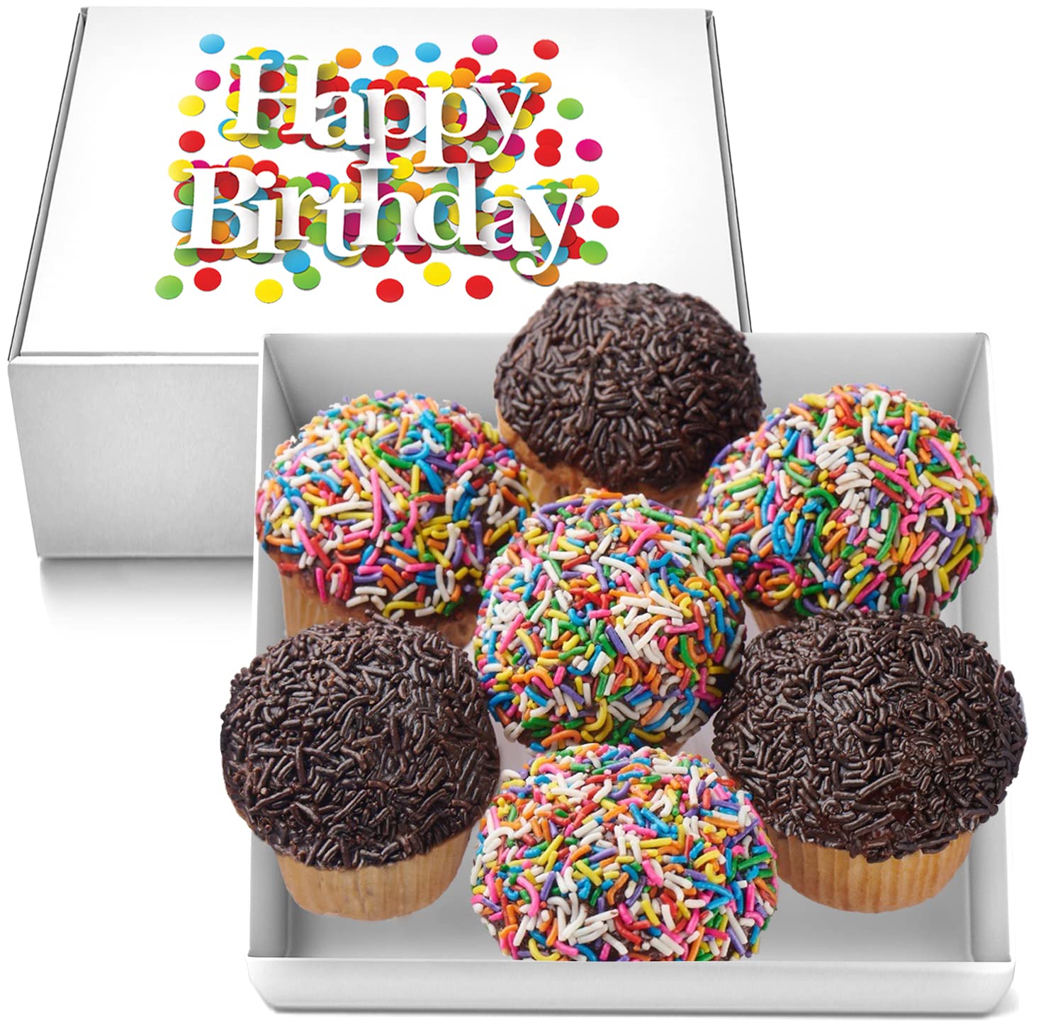 Happy Birthday Cupcakes Large Gift Basket Rainbow Sprinkle Chocolate Sprinkle | 7 INDIVIDUALLY WRAPPED Fresh Cupcakes | Party Food Gift