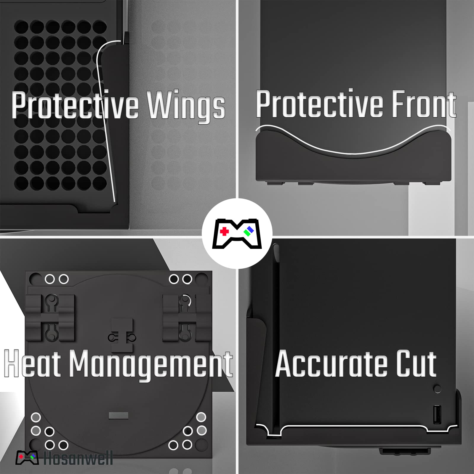 Hosanwell Xbox Series X Wall Mount,Metal Support-5 in 1 Xbox Series X Wall Mount kit with 2 Way Magnetic Charging Cable,Detachable Controller Holder & Headphone Hanger,Black