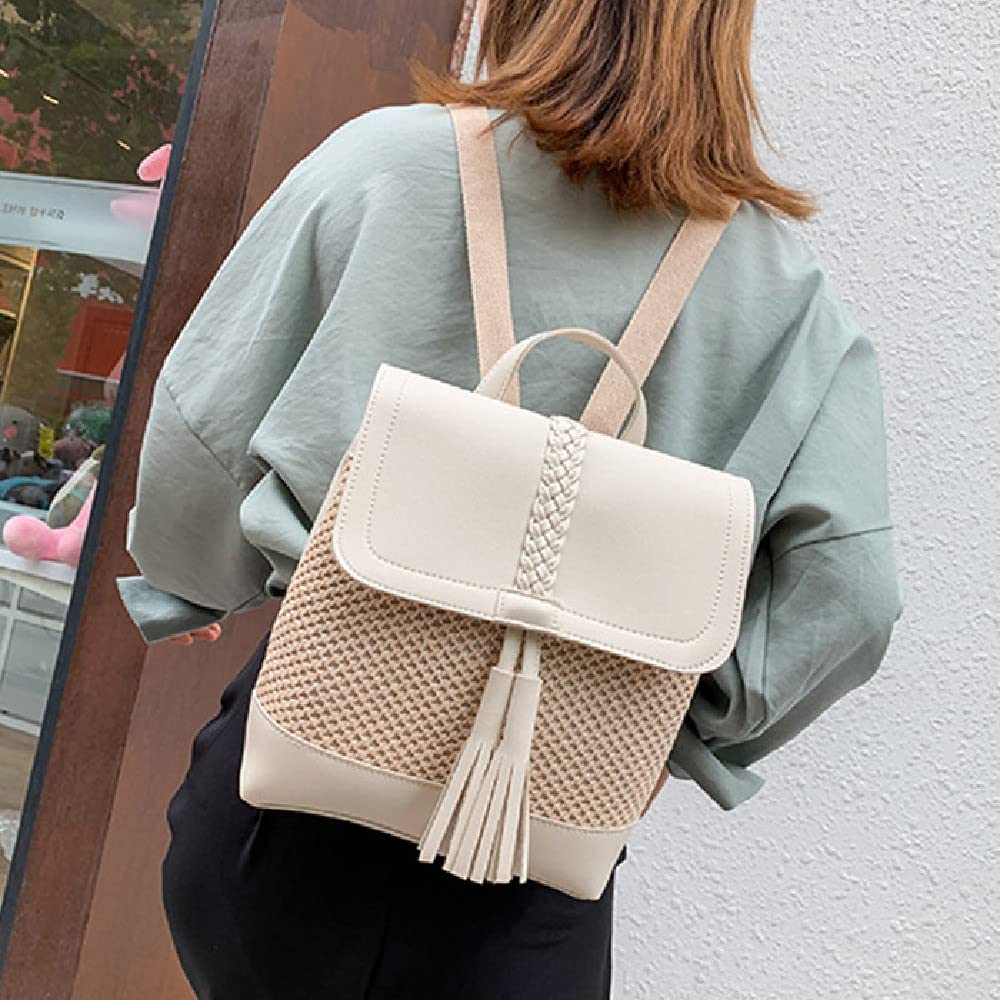 IAMUHI Women Fashion Backpack Purse Casual Summer Handwoven Tassels Backpack Handbag for Vacation,Beach White