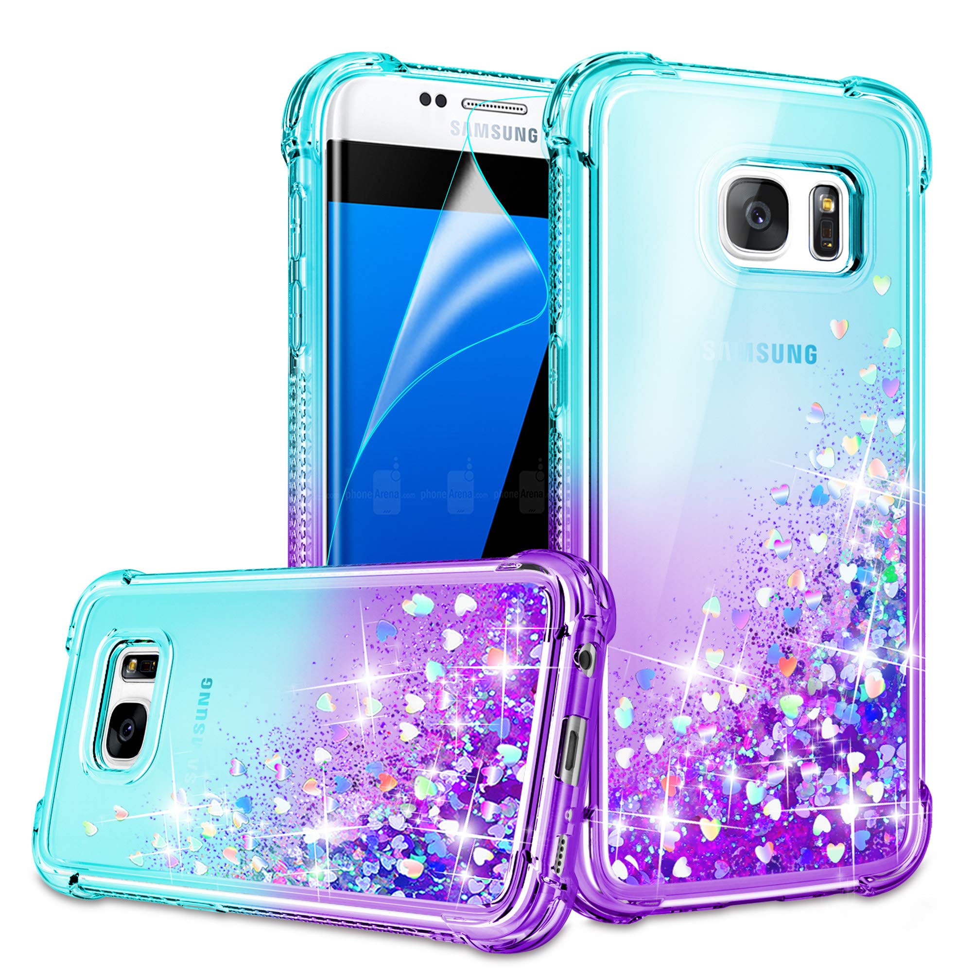 Gritup Samsung Galaxy S7 Edge Case, Samsung S7 Edge Case with HD Screen Protector, Girls Women Cute Gradient Liquid Glitter Bling Four-Corner Protective Soft TPU Case for Galaxy S7 Edge, Teal/Purple