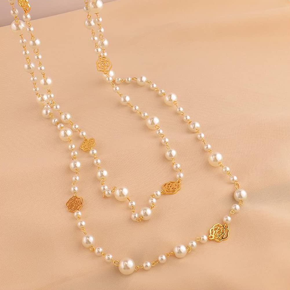 Imitation Pearl Flower Charm Long Strand Necklace for Women (White)