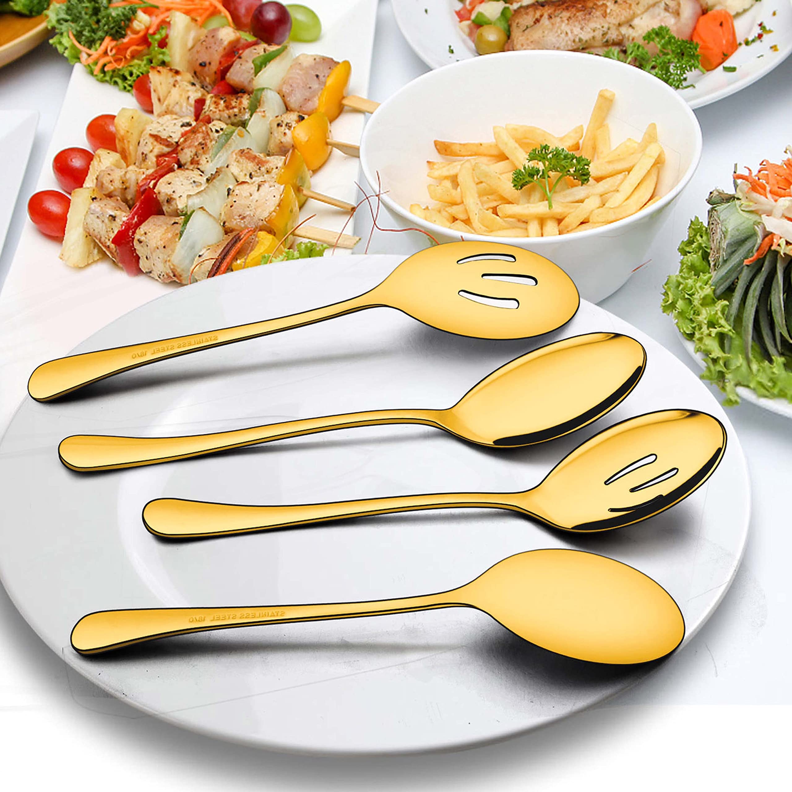 Homikit 3 Pieces Large Gold Serving Spoons, 3 Slotted Serving Spoons and 3 Serving Forks, Stainless Steel Serving Utensils Hostess Set for Catering Buffet, Dishwasher Safe