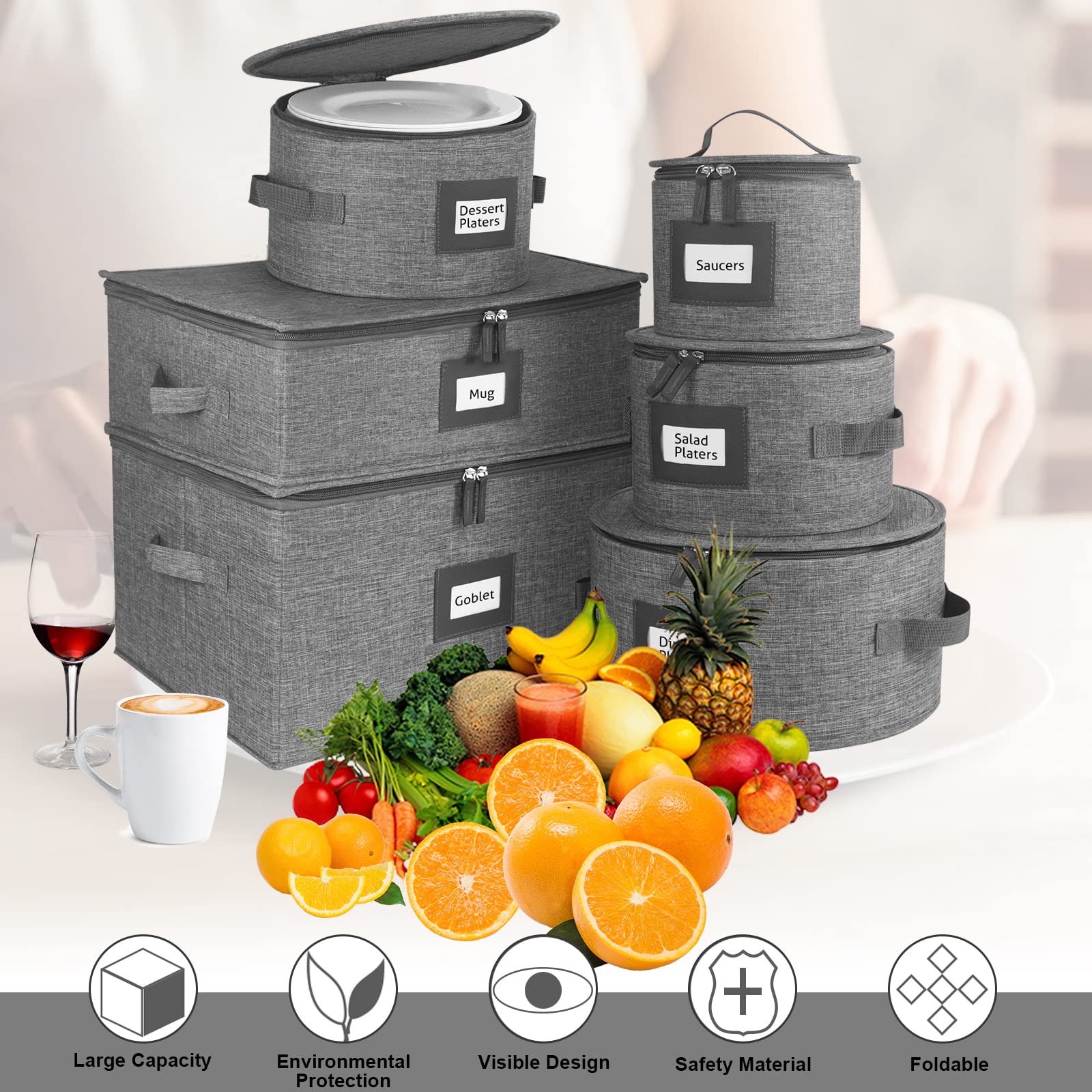 homyfort China Storage Containers Set of 6,Includes Wine Glass & Stemware Cases,Cup Coffee Mug Box,Dish Plate Containers,Hard Shell with Dividers Handles for Dinnerware Moving, 300D Grey with Handles