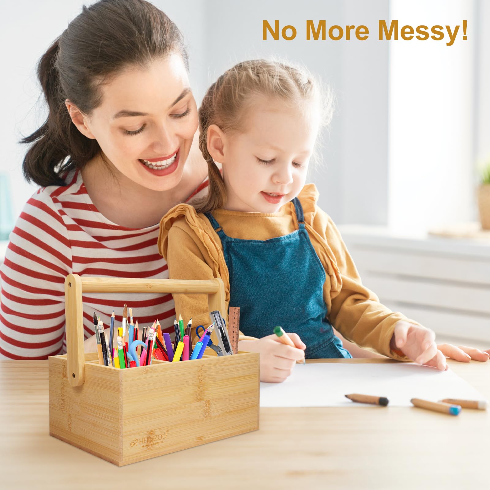 HEJINZOO Silverware Caddy with Handle, Bamboo Utensil Holder, Mulip-pose Organizer for Kitchen, Office, Bathroom, Bedroom, Organizer for condiments, flatware, office supplies, makeup tools