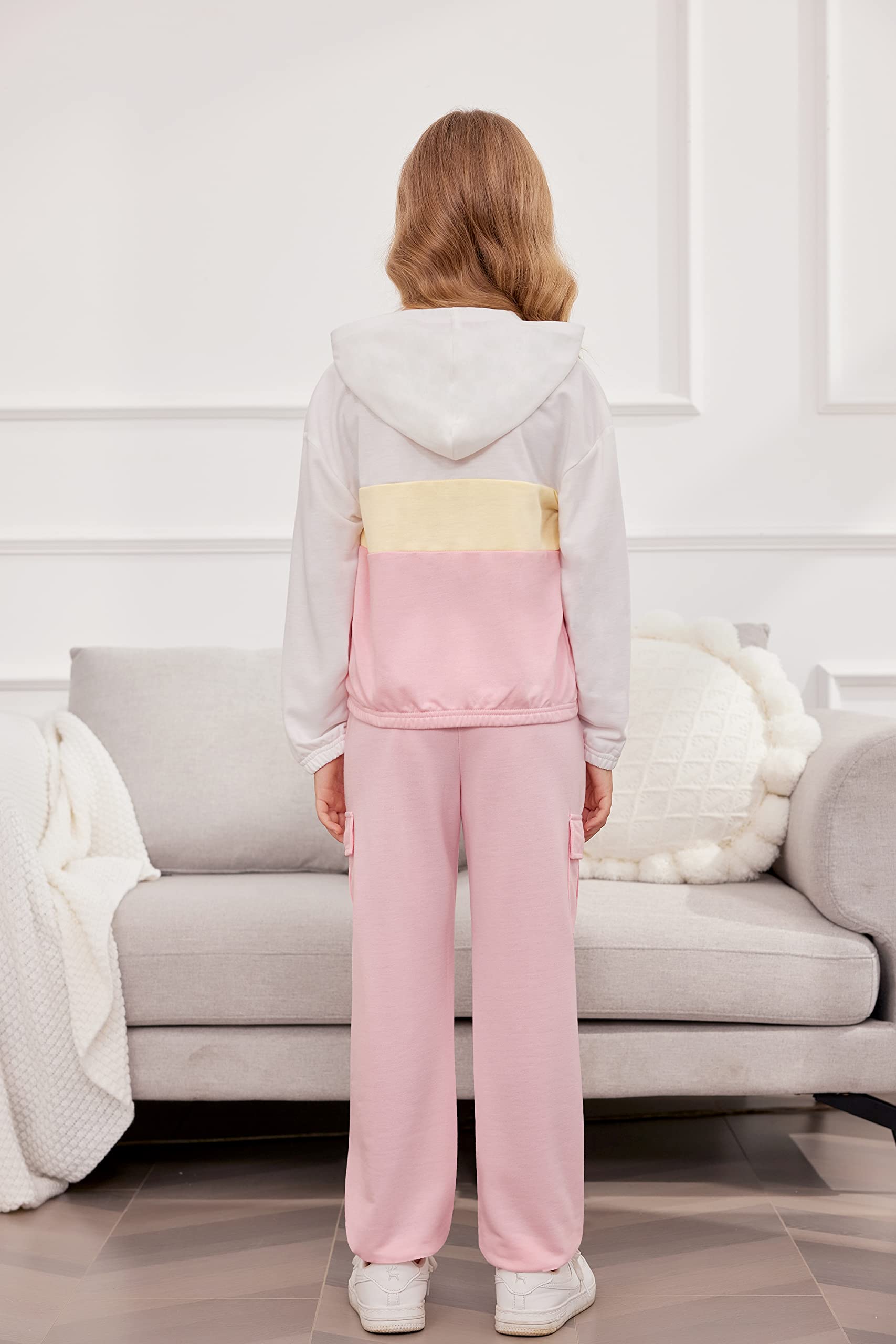 Hopeac Girls Sweatsuit 2 Piece Jogging Set Stripe Patchwork Fall Pullover and Causal Long Pants with Pockets Boys