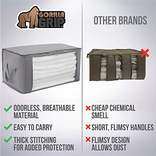 Gorilla Grip Large Capacity 2 Pack Clothes Storage Bag Organizer, 90L, Reinforced Handles, Thick Fabric for Blankets, Bedding, Clothing, Foldable Zipper Container Bags, Clear Window Closet Totes, Gray