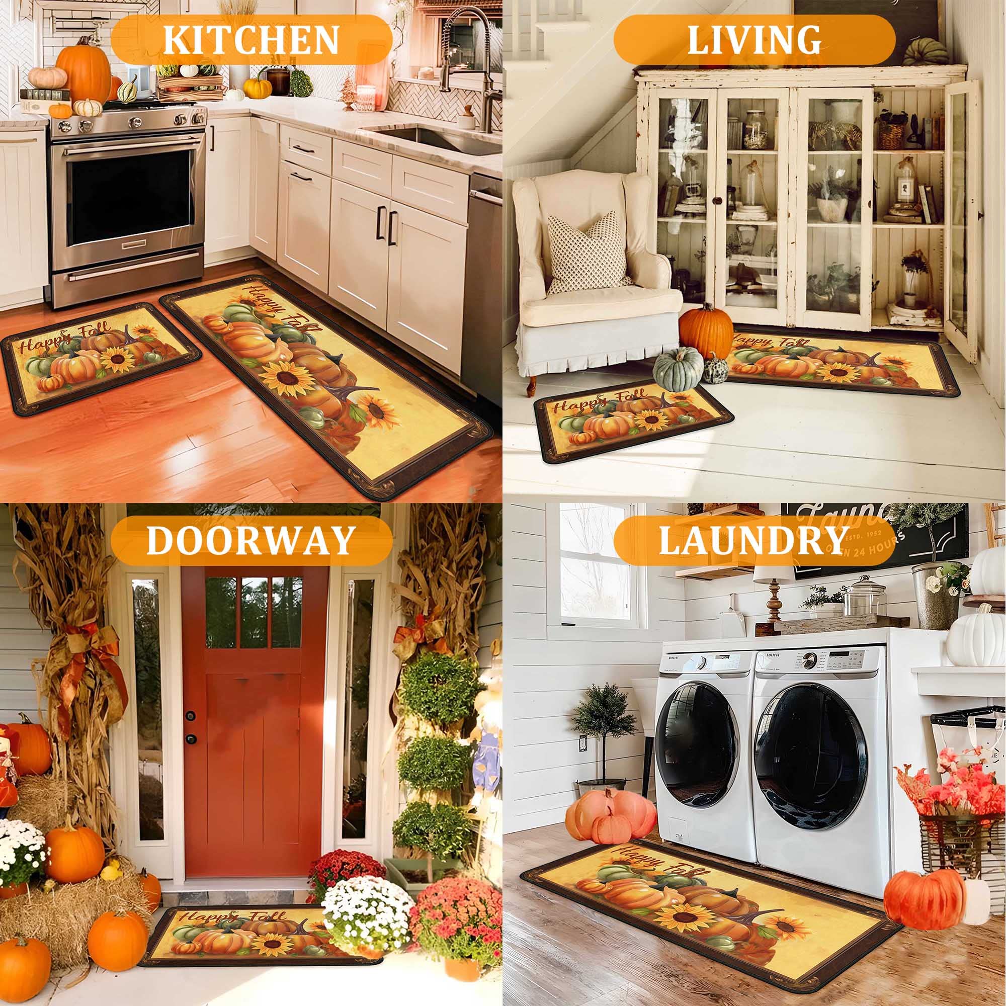 Happy Fall Pumpkin Decorative Kitchen Rugs Set of 2,Non Skid Washable, Home Seasonal Fall Holiday Party Autumn Harvest Thanksgiving Kitchen Mat 17"x47"+17"x30"