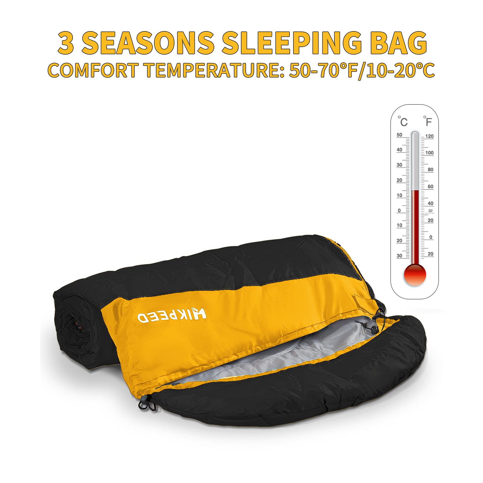 HIKPEED Backpacking Sleeping Bag, Sleeping Bag for Kids Adults Teens - Lightweight Compact Hiking Camping Sleeping Bag, Suitable for 3 Seasons Warm & Cool Weather (Black+Orange)