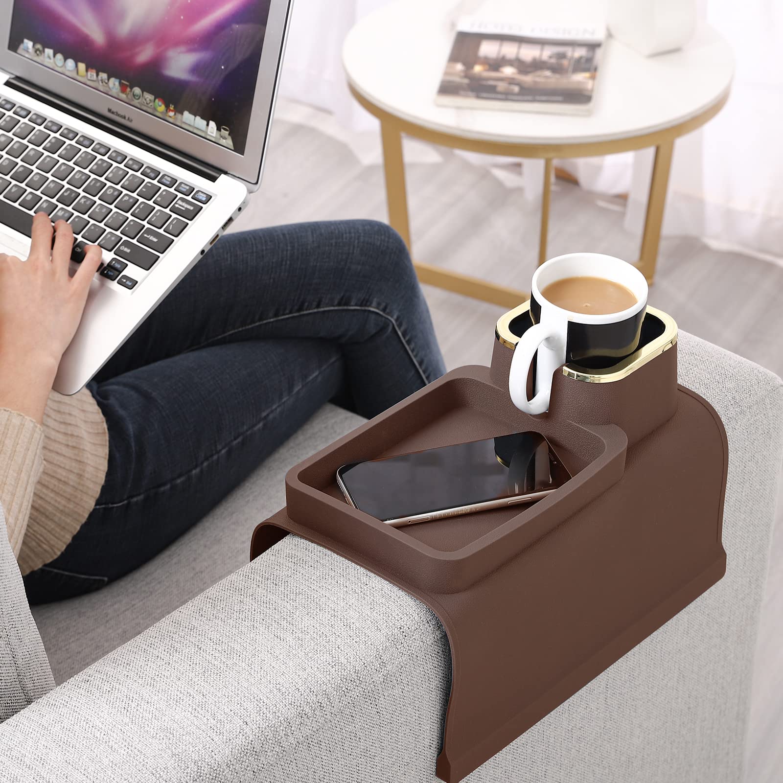 HMASYO Couch Cup Holder Tray - Silicone Sofa Armrest Table Couch Drink Holder and Tray Organizer for Remote Snacks Cellphone, Anti-Spill Anti-Slip Design, Gifts for Family Mom Dad Grandma